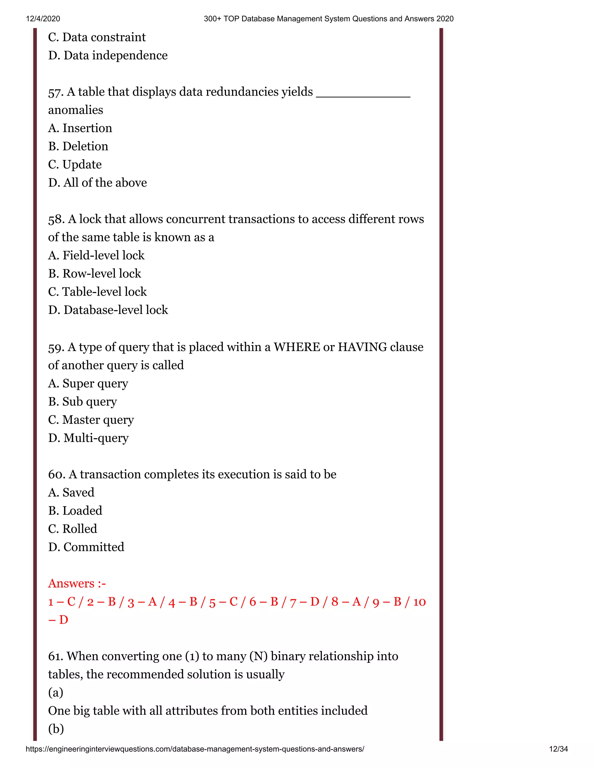 300 Top Database Management System Questions And Answers 2020 Pdf