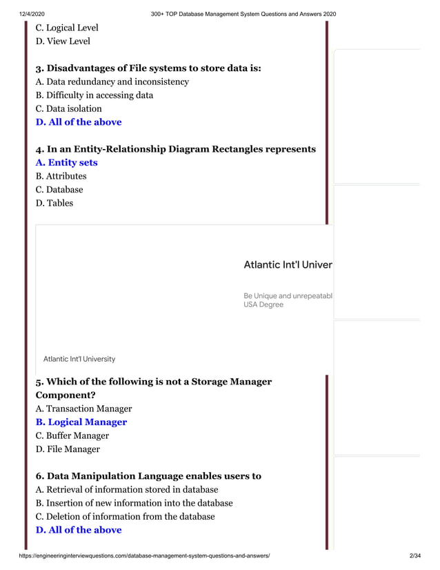 300 Top Database Management System Questions And Answers 2020 Pdf