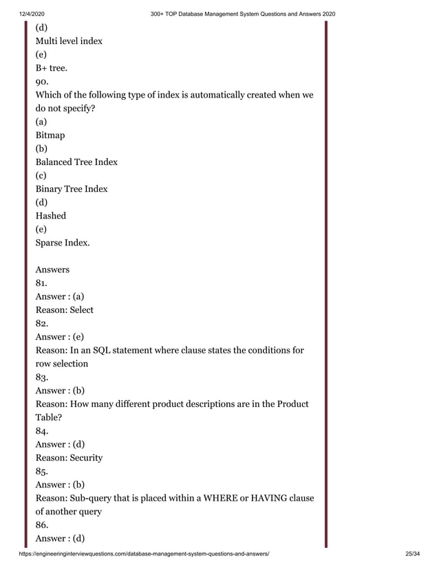 300+ top database management system questions and answers 2020 | PDF | Databases | Computer ...
