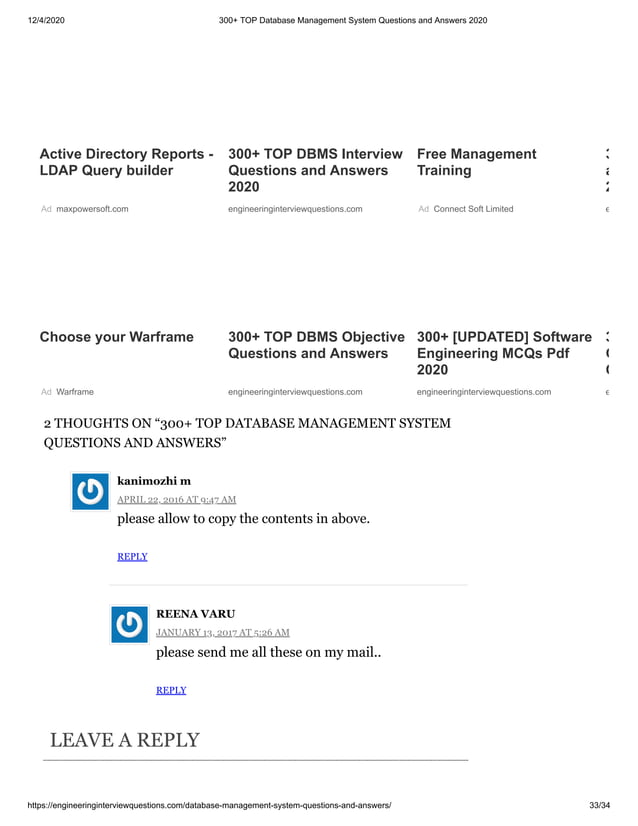 300+ top database management system questions and answers 2020 | PDF | Databases | Computer ...