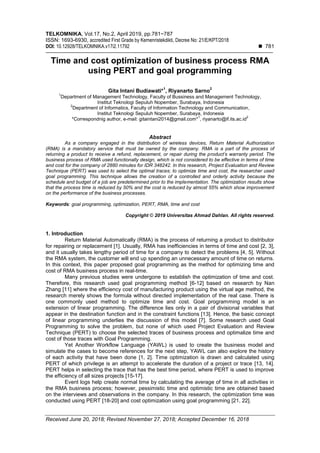 Time and cost optimization of business process RMA using PERT and goal ...