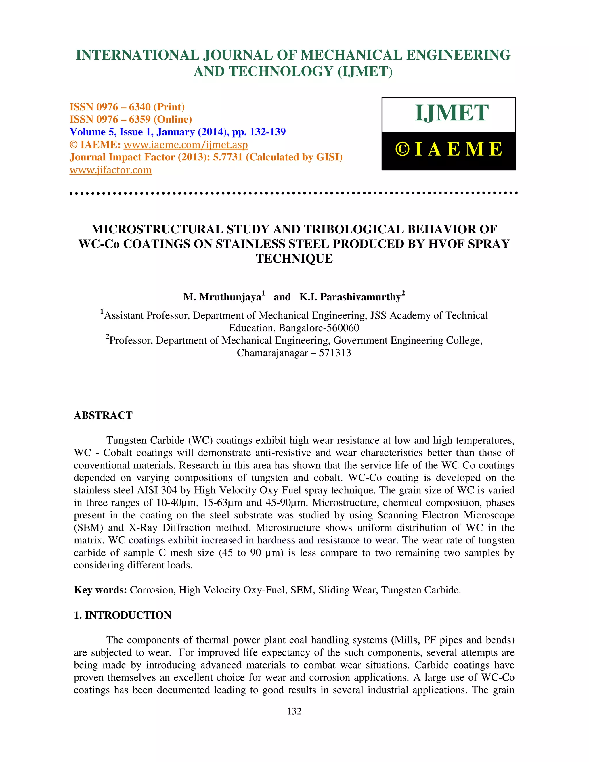 MICROSTRUCTURAL STUDY AND TRIBOLOGICAL BEHAVIOR OF WC-Co COATINGS ON STAINLESS STEEL PRODUCED BY ...