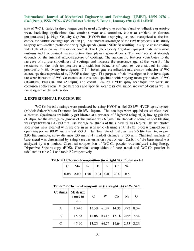 MICROSTRUCTURAL STUDY AND TRIBOLOGICAL BEHAVIOR OF WC-Co COATINGS ON STAINLESS STEEL PRODUCED BY ...