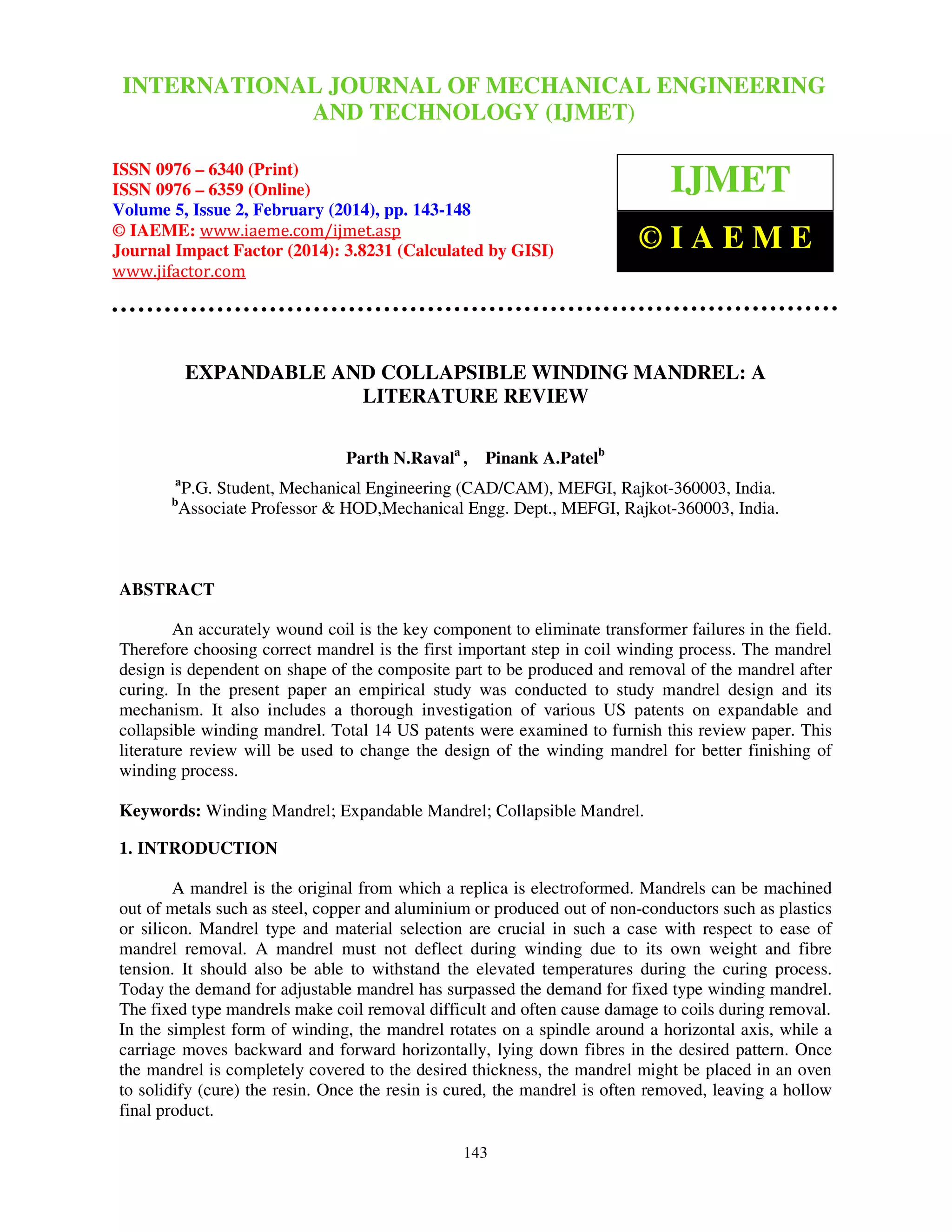 EXPANDABLE AND COLLAPSIBLE WINDING MANDREL: A LITERATURE REVIEW | PDF