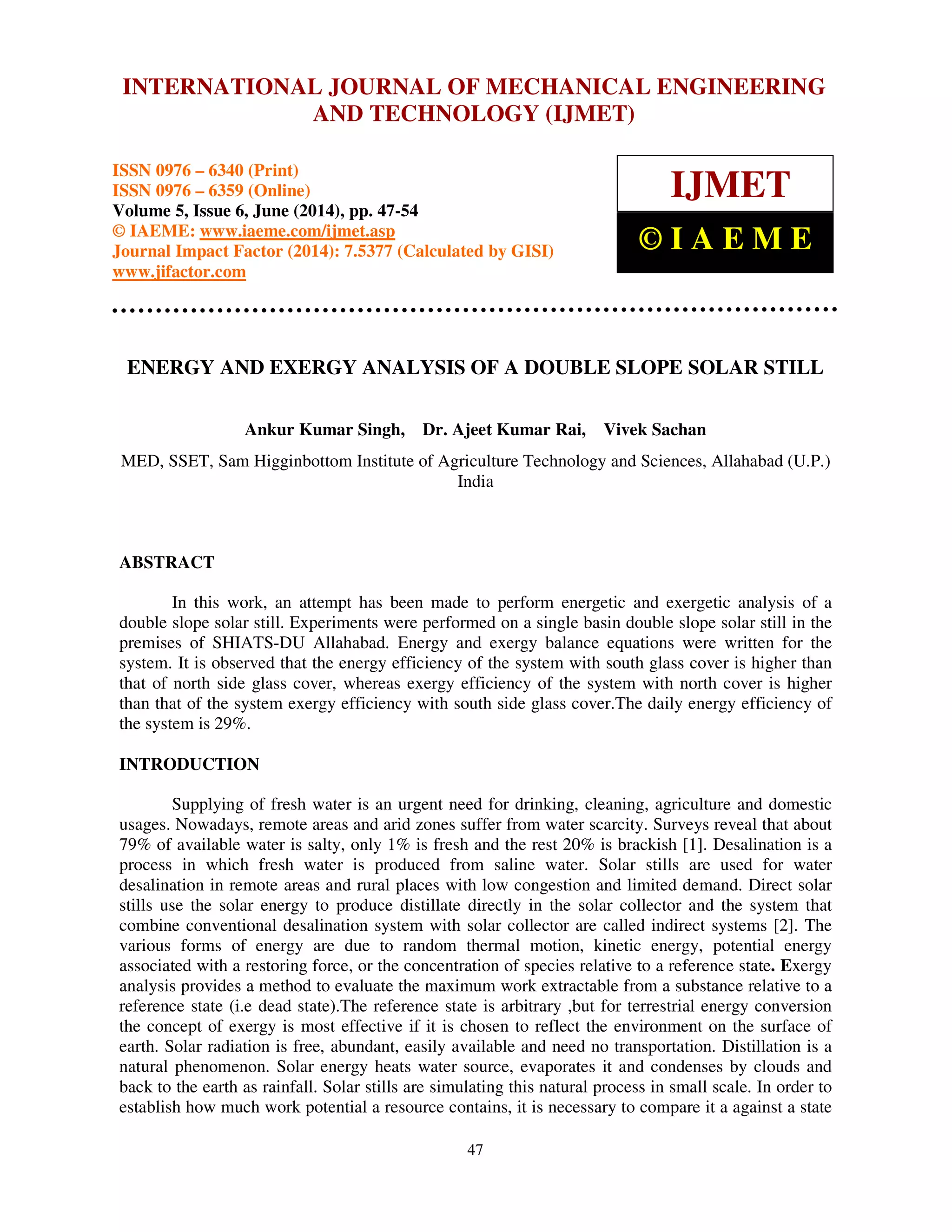 ENERGY AND EXERGY ANALYSIS OF A DOUBLE SLOPE SOLAR STILL | PDF