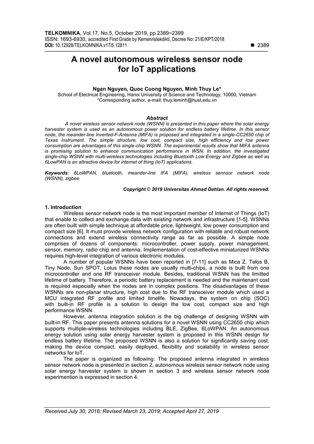 A Novel Autonomous Wireless Sensor Node For Iot Applications Pdf