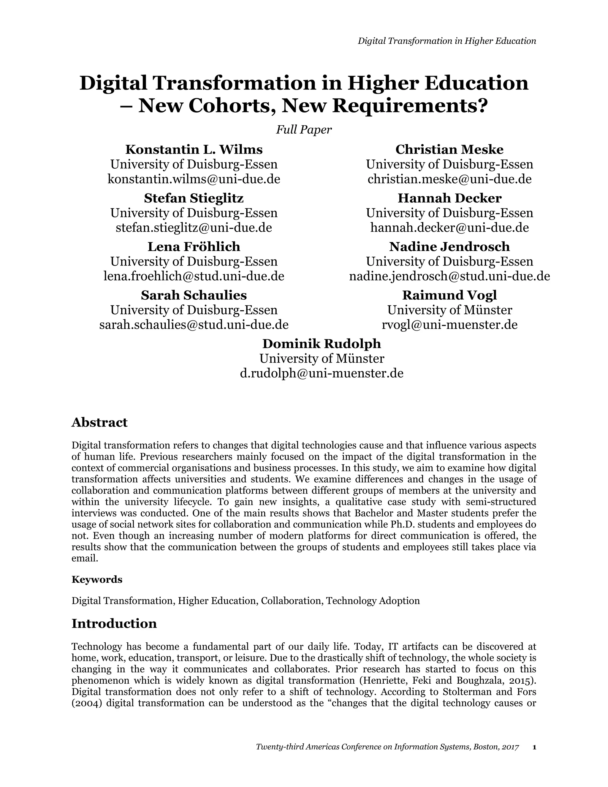 Digital Transformation in Higher Education – New Cohorts, New Requirements?. Konstantin L. Wilms ...