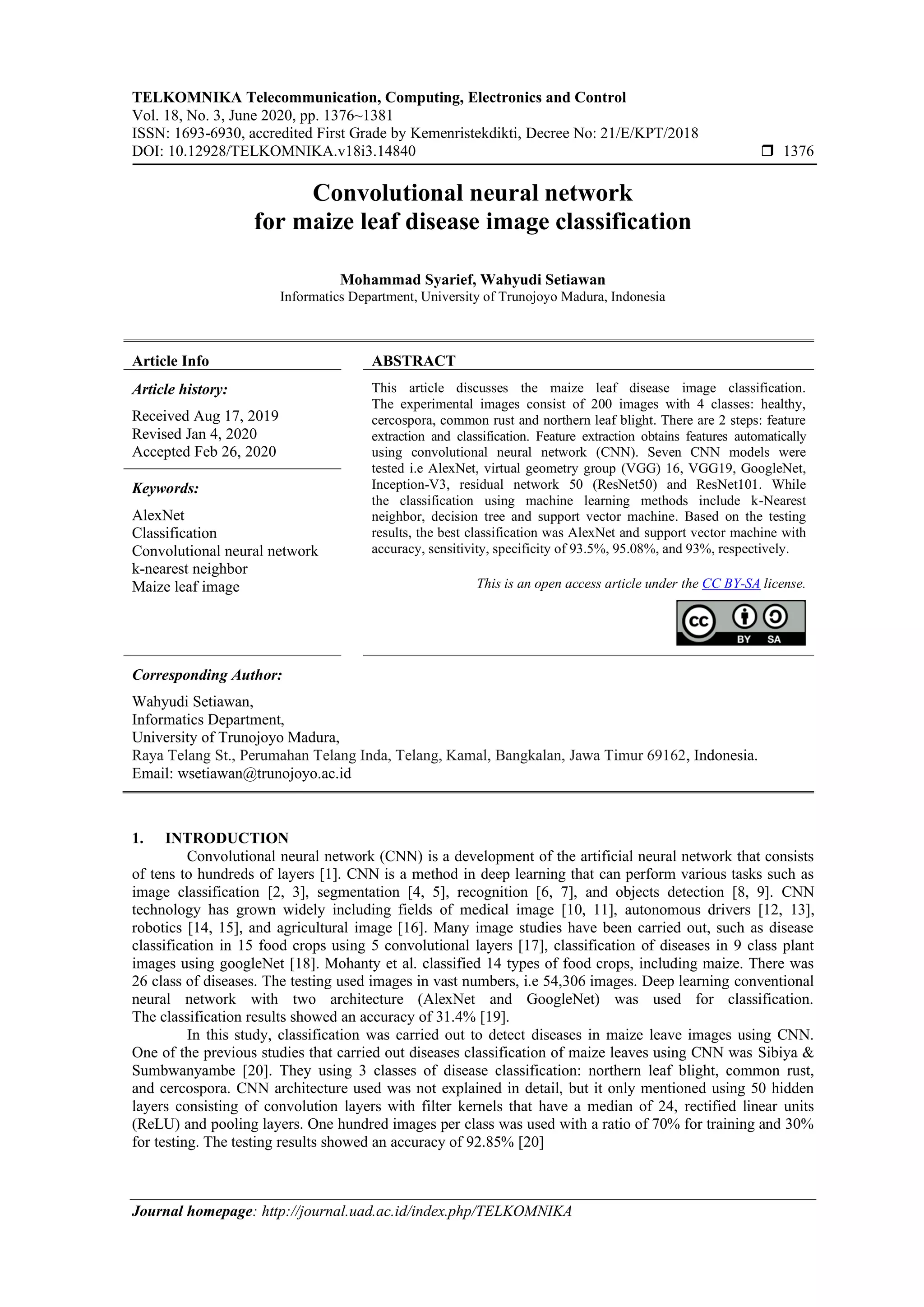 Convolutional Neural Network For Maize Leaf Disease Image Classification Pdf
