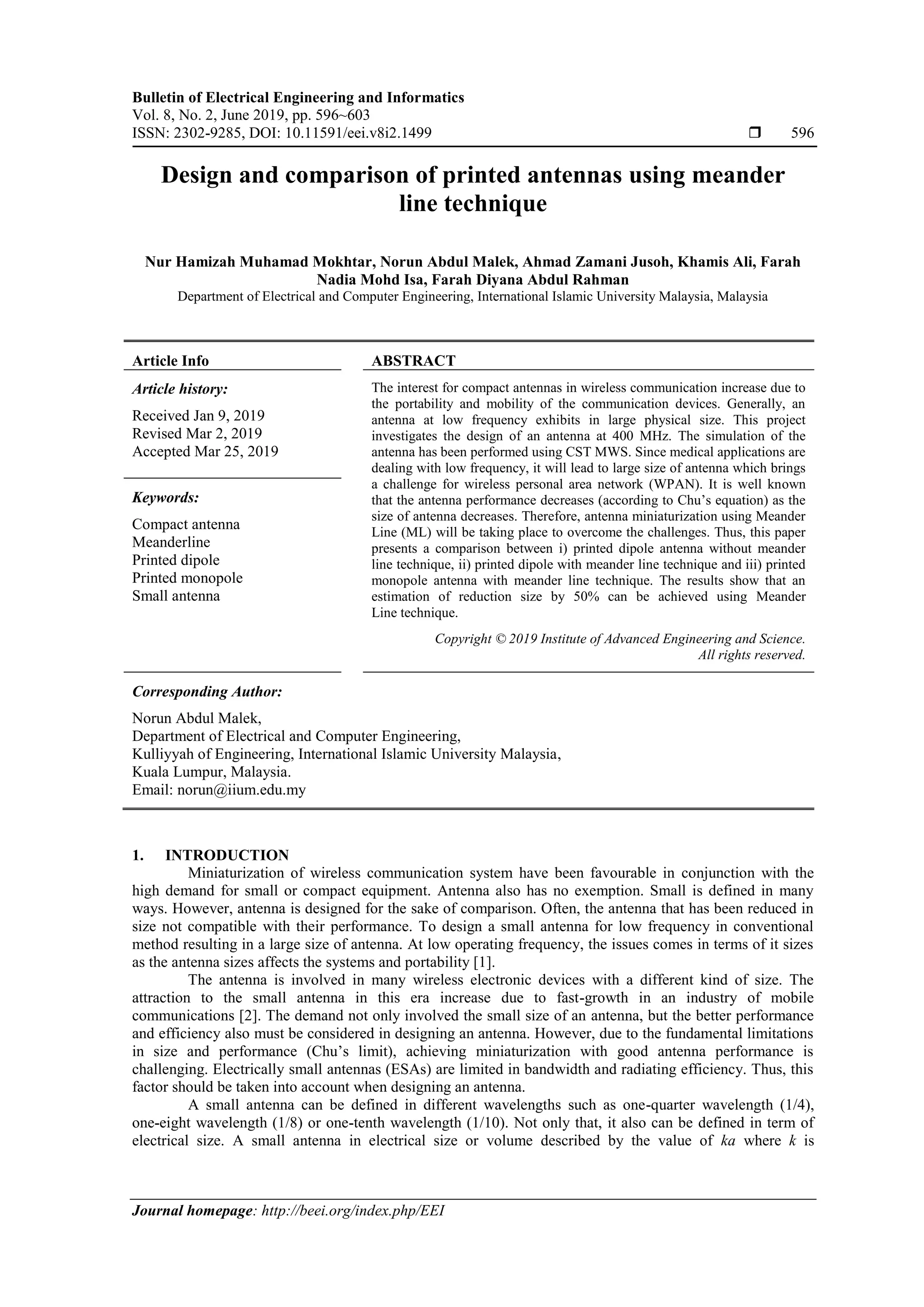 Design and comparison of printed antennas using meander line technique ...