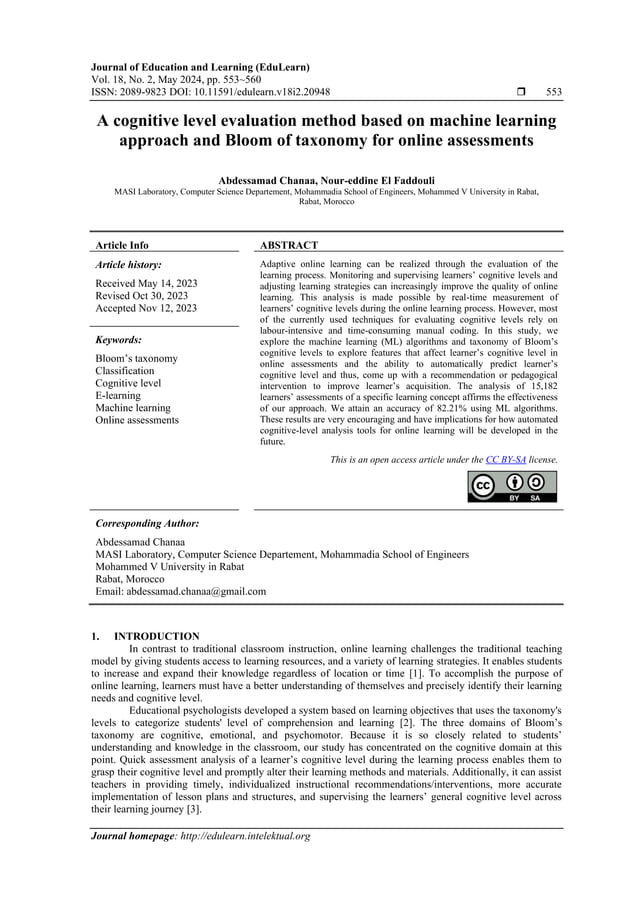 A cognitive level evaluation method based on machine learning approach and Bloom of taxonomy for ...