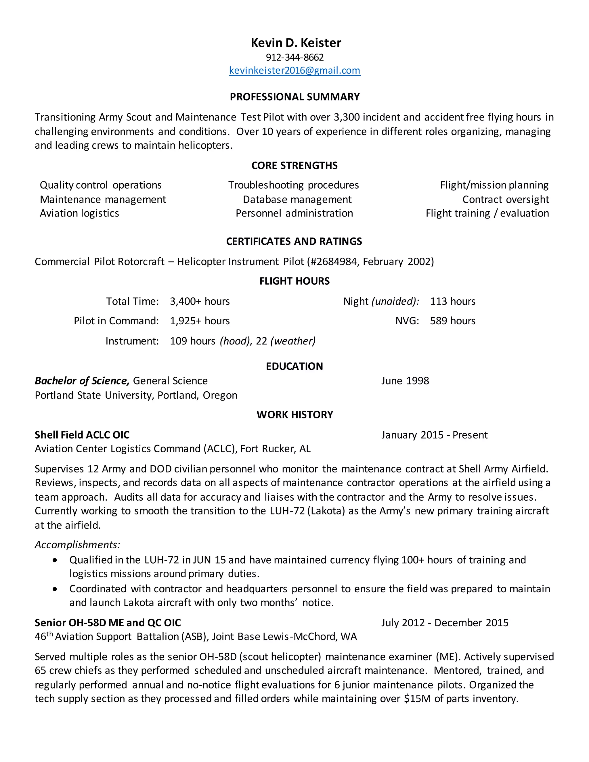 Keister Resume JUL 2016 | DOCX | Aviation Industry | Industries