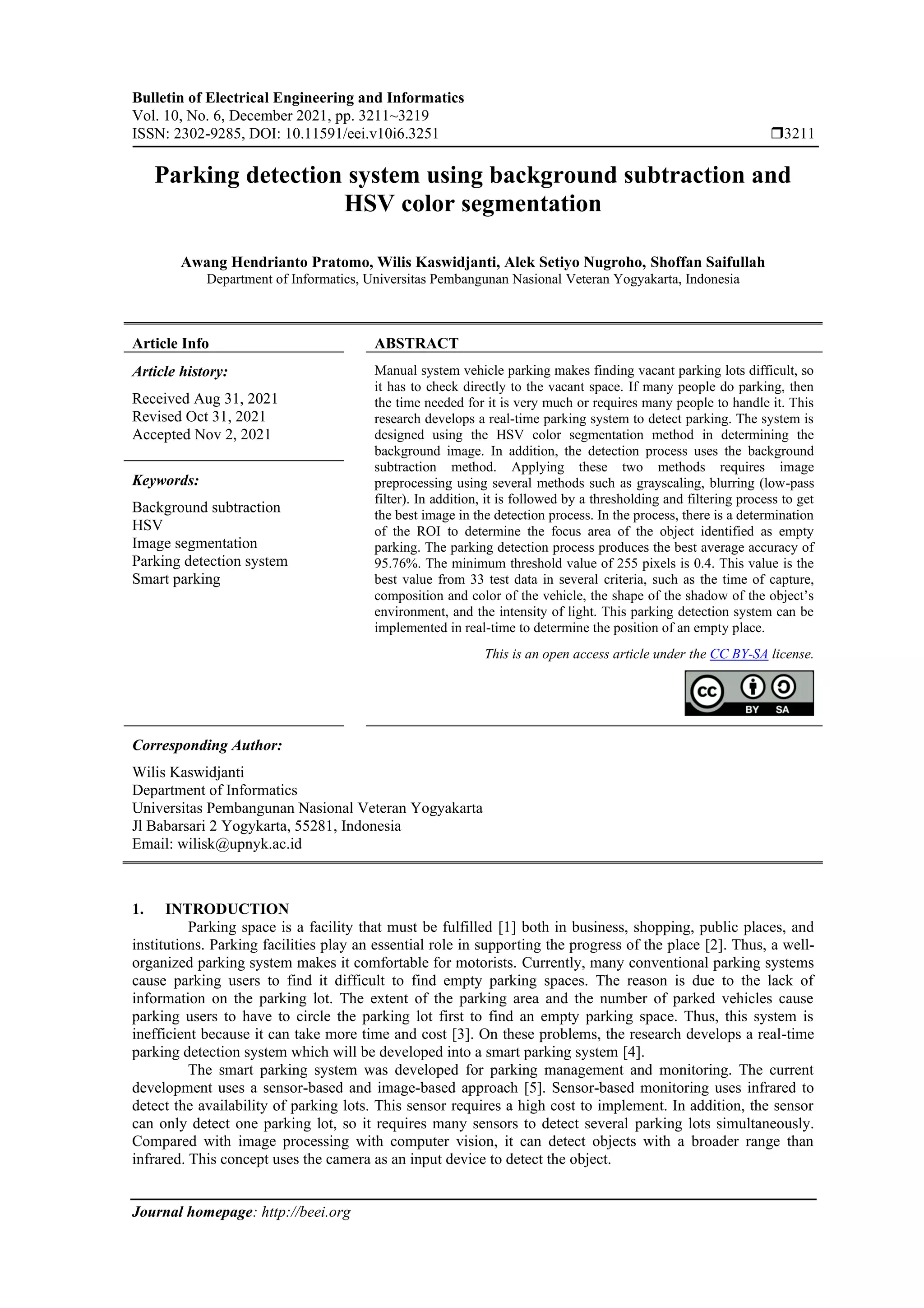 Parking Detection System Using Background Subtraction And Hsv Color