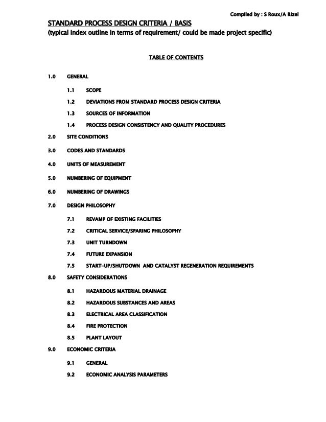 Process Design Basis (Outline)