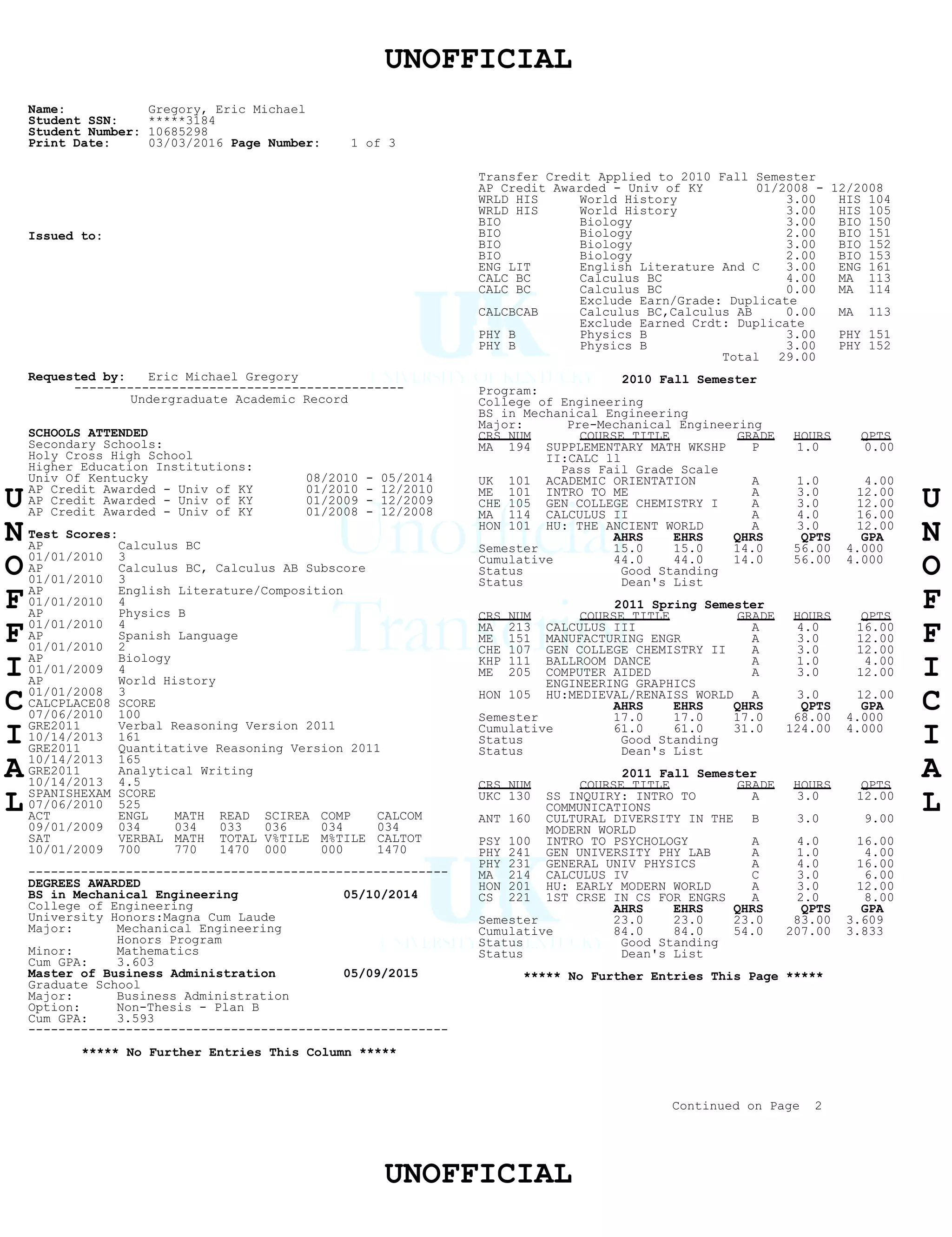 Collegiate Transcript | PDF