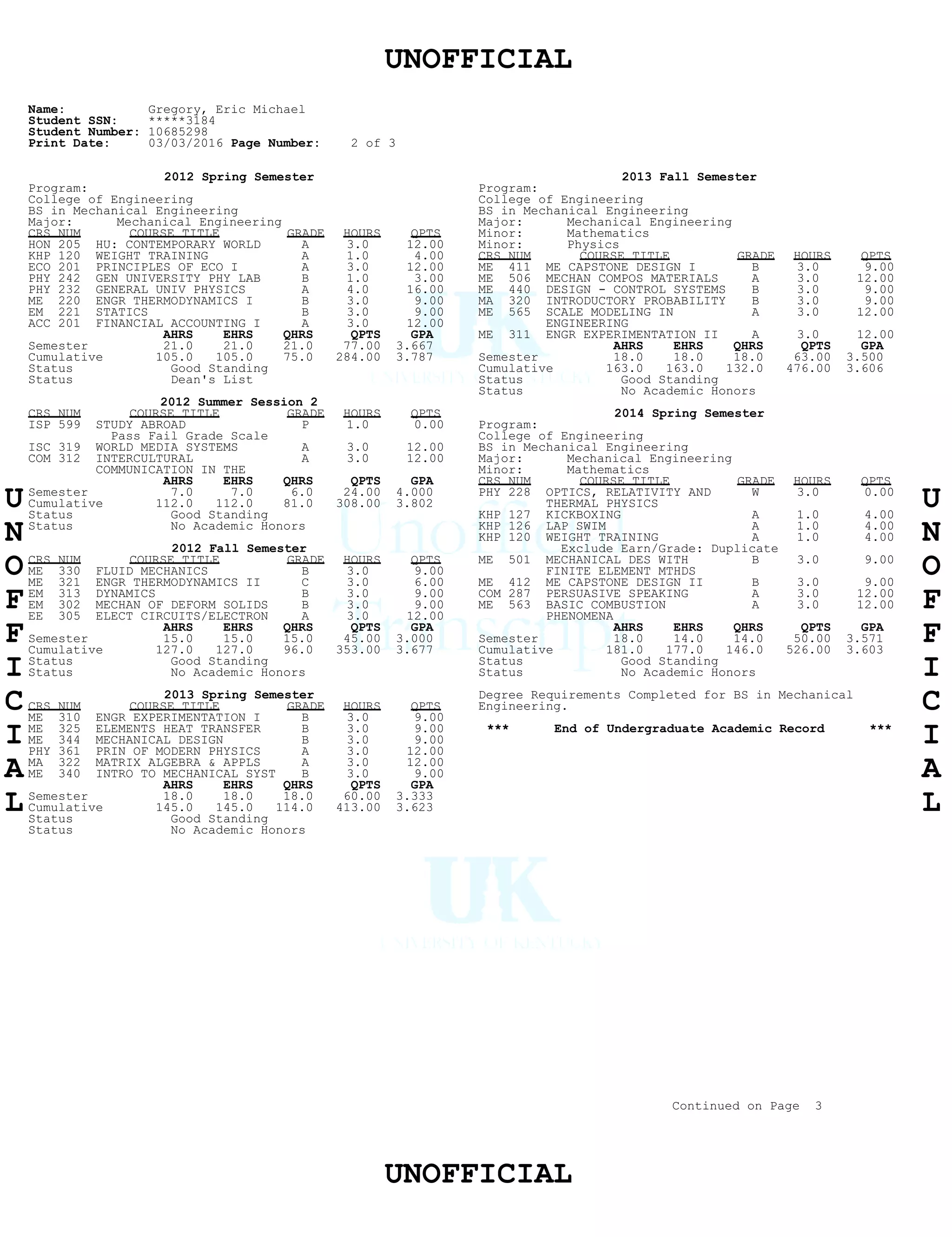 Collegiate Transcript | PDF