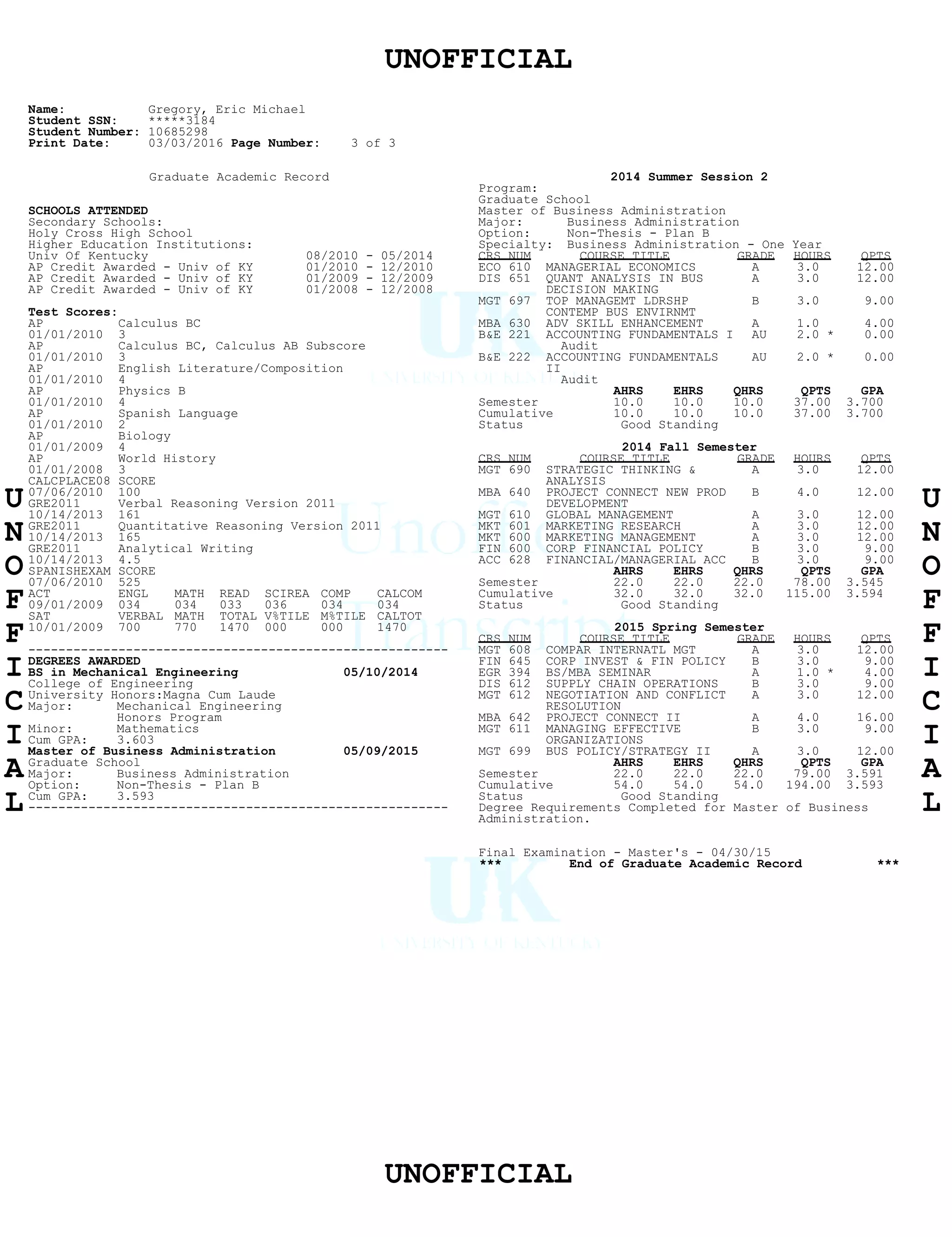 Collegiate Transcript | PDF