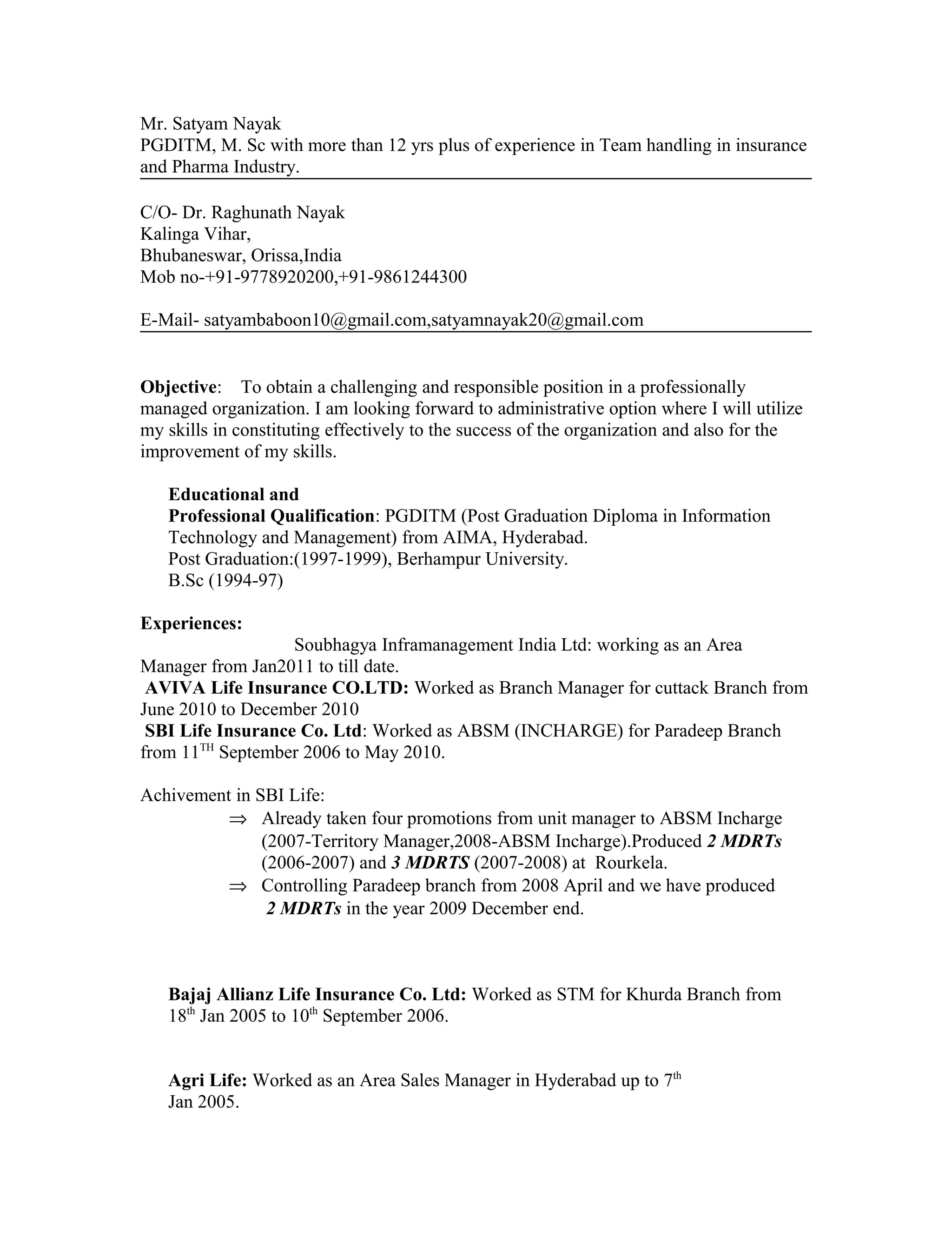 Satyam CV - Copy | DOC | Sales | Business