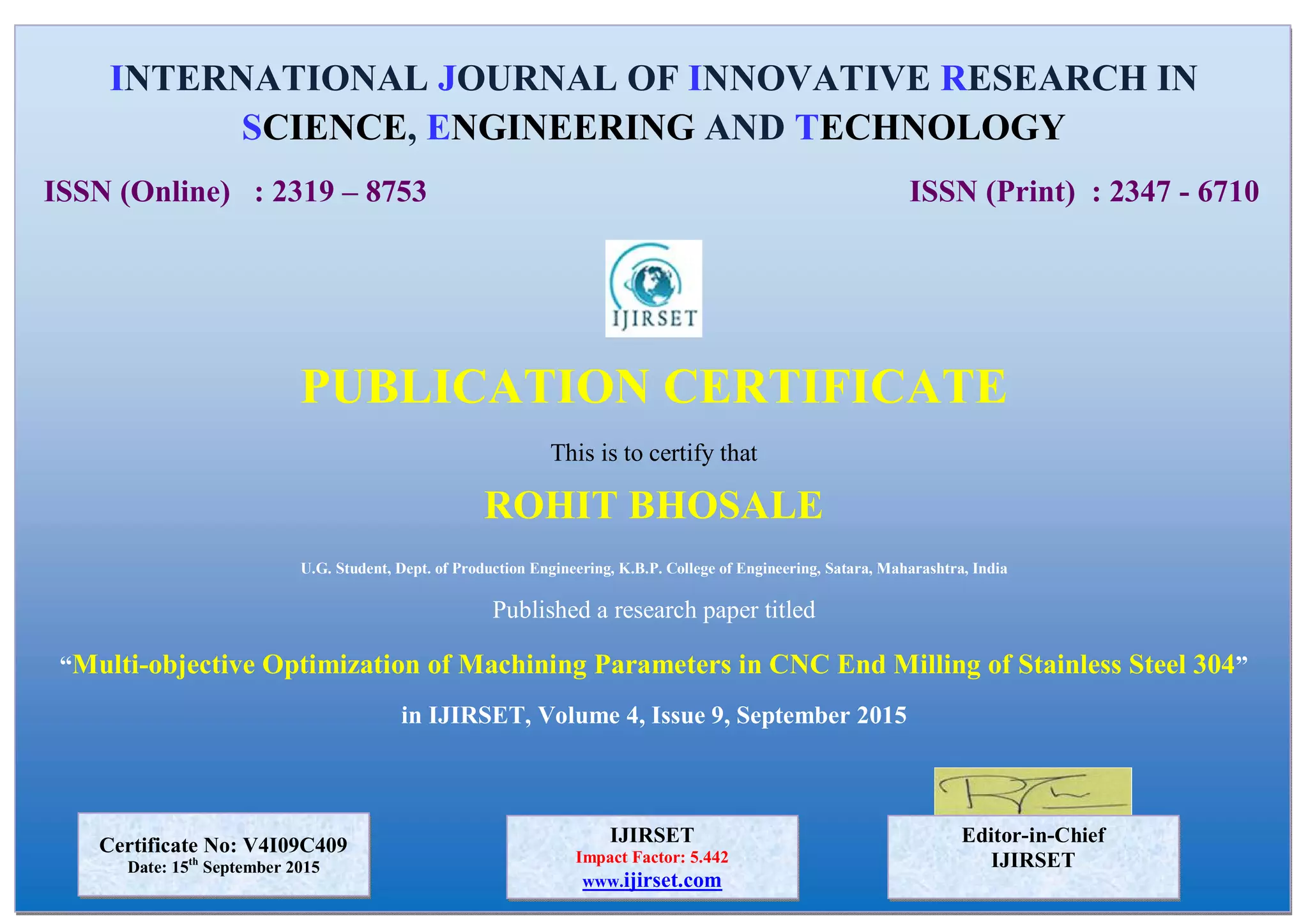 ROHIT BHOSALE INTERNATIONAL JOURNAL CERTIFICATE | PPT
