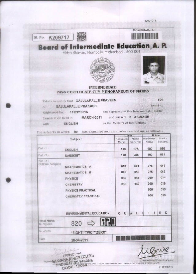 Intermediate Mark Sheet | PDF