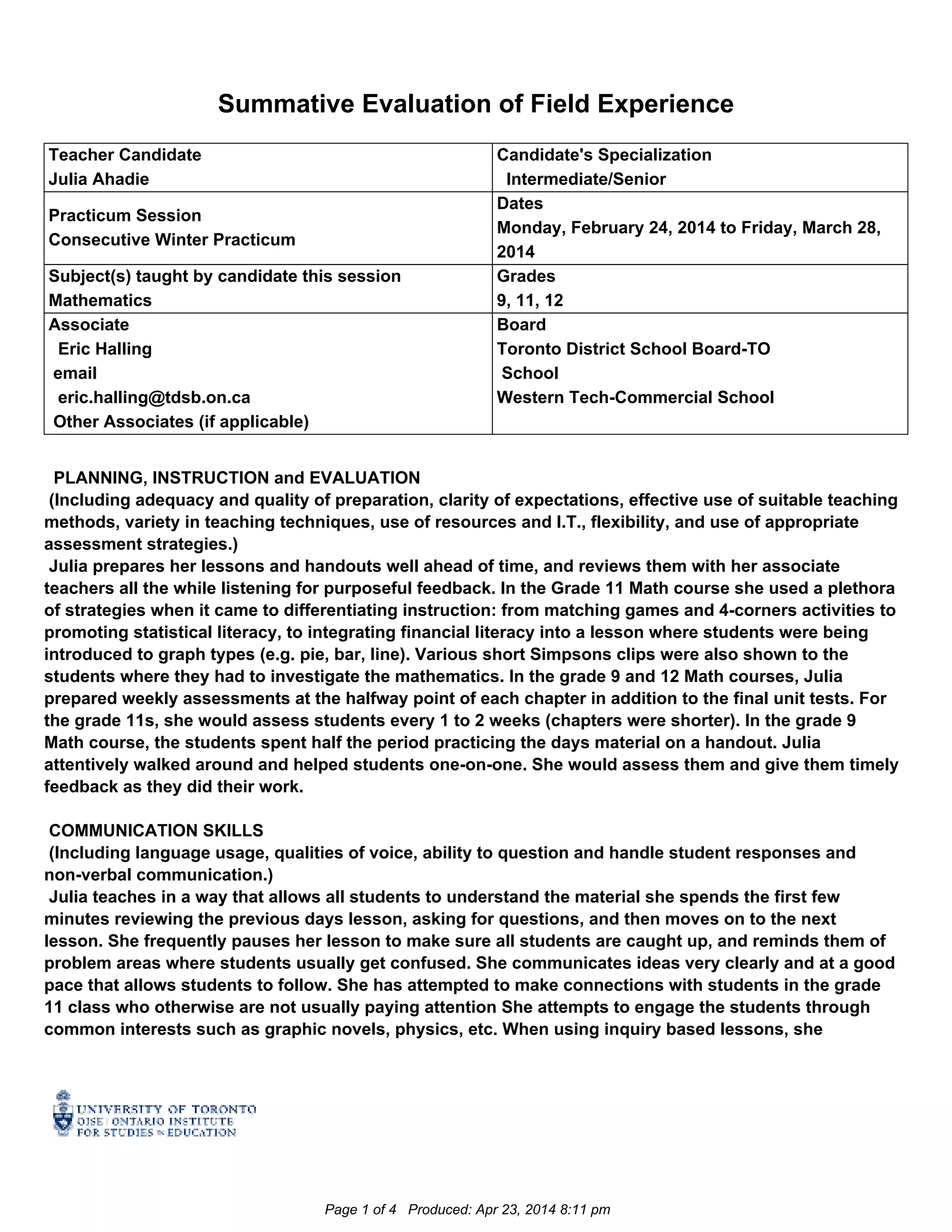 Ahadie, Julia - Practicum II Summative Evaluation | PDF