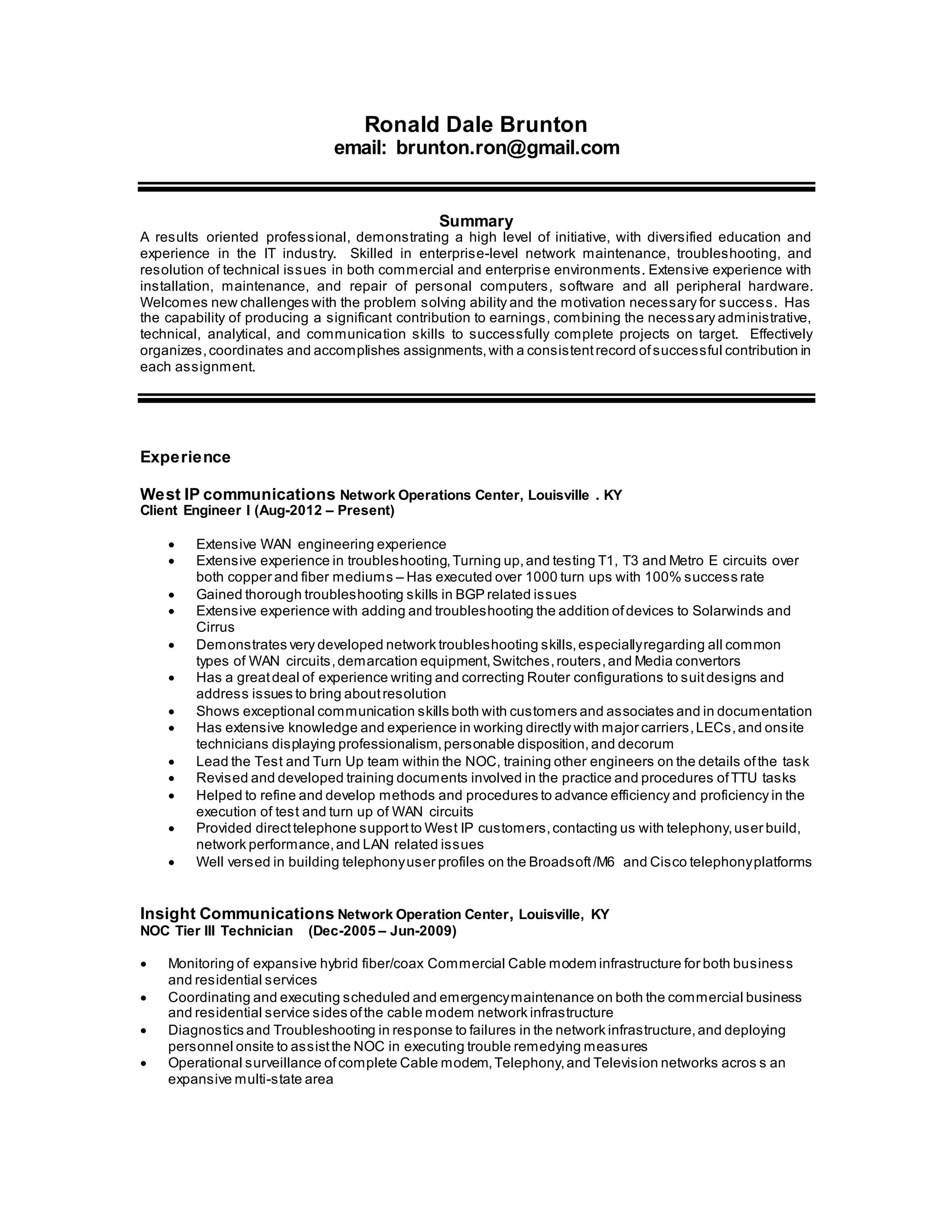 Ron Brunton's Resume 2015 LinkedIn | DOCX