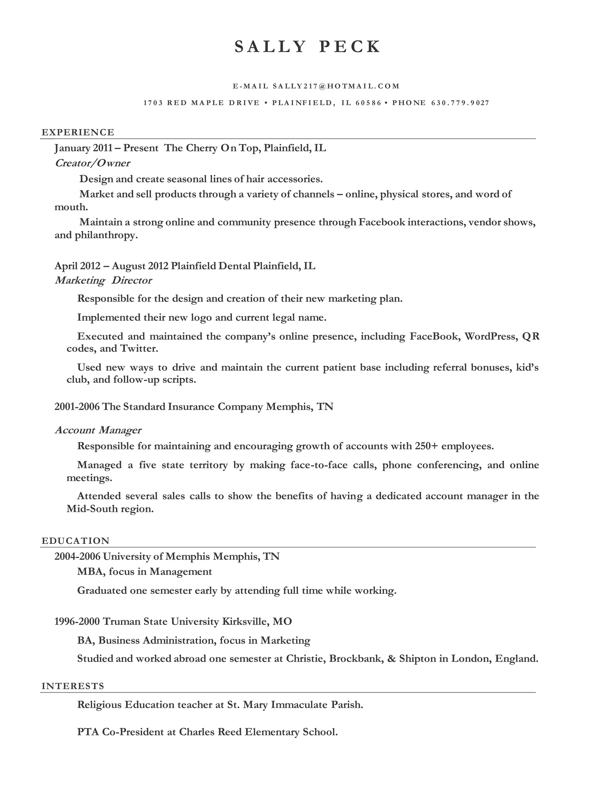 Sally Peck Resume | DOCX | Business | Business and Finance