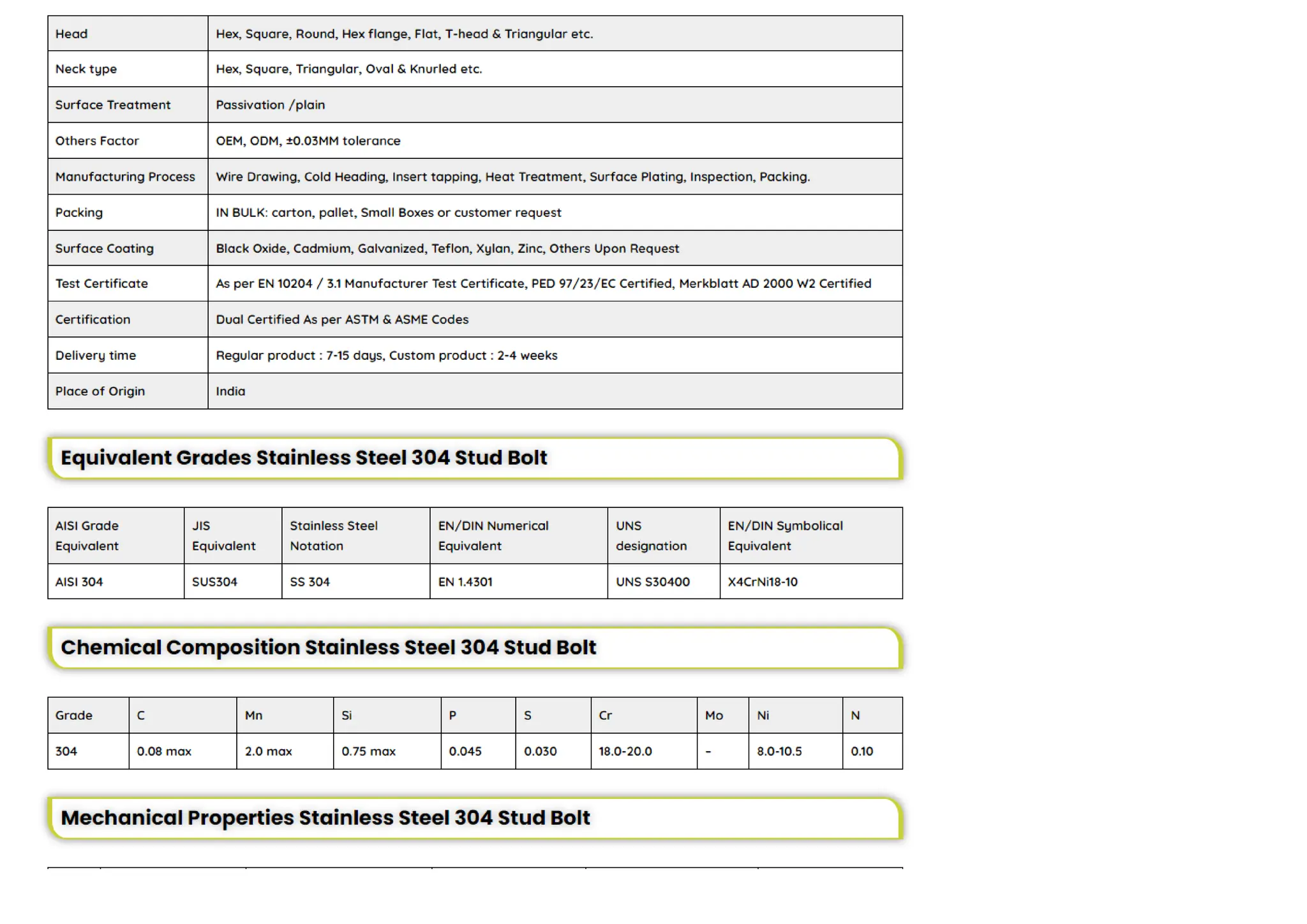 Stainless Steel 304 Stud Bolt | UNS S30400 Fasteners - fas10 | PPT