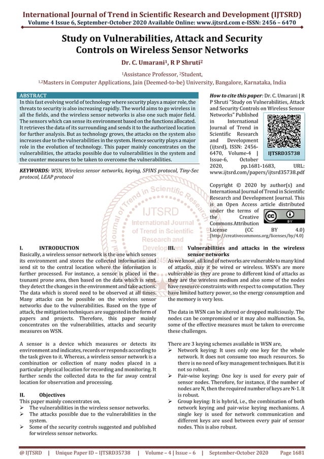 Study on Vulnerabilities, Attack and Security Controls on Wireless Sensor Networks | PDF