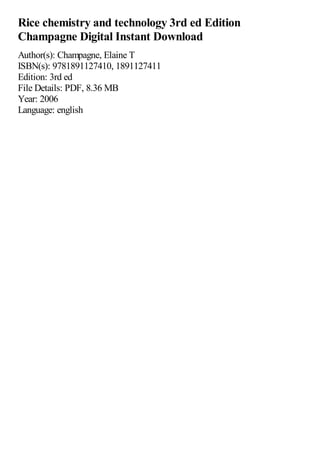 Rice chemistry and technology 3rd ed Edition Champagne | PDF