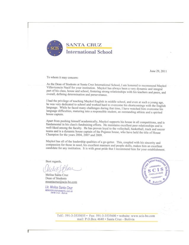 Recommendation letter. Dean