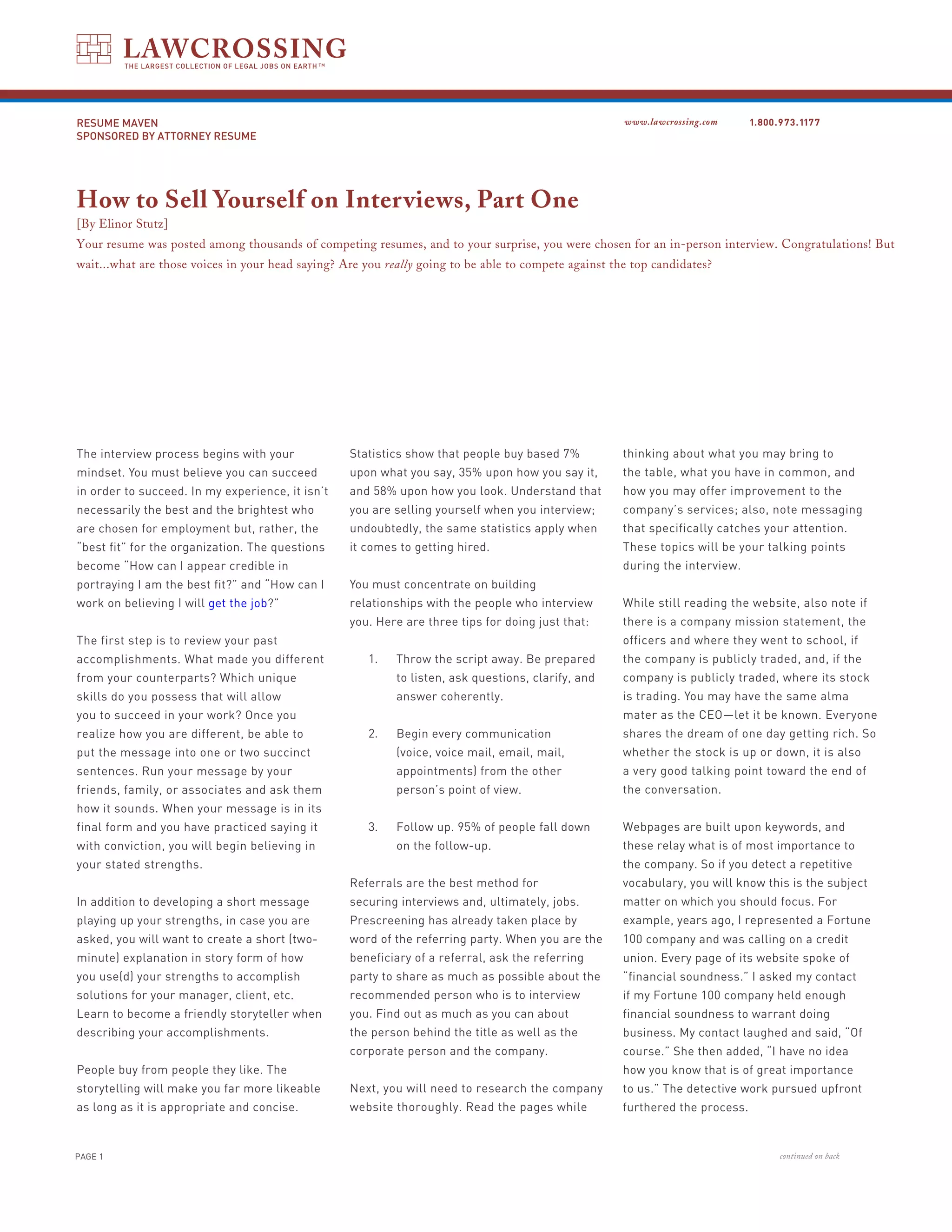 How to Sell Yourself on Interviews, Part One | PDF | Resume Writing and Advice | Job Search