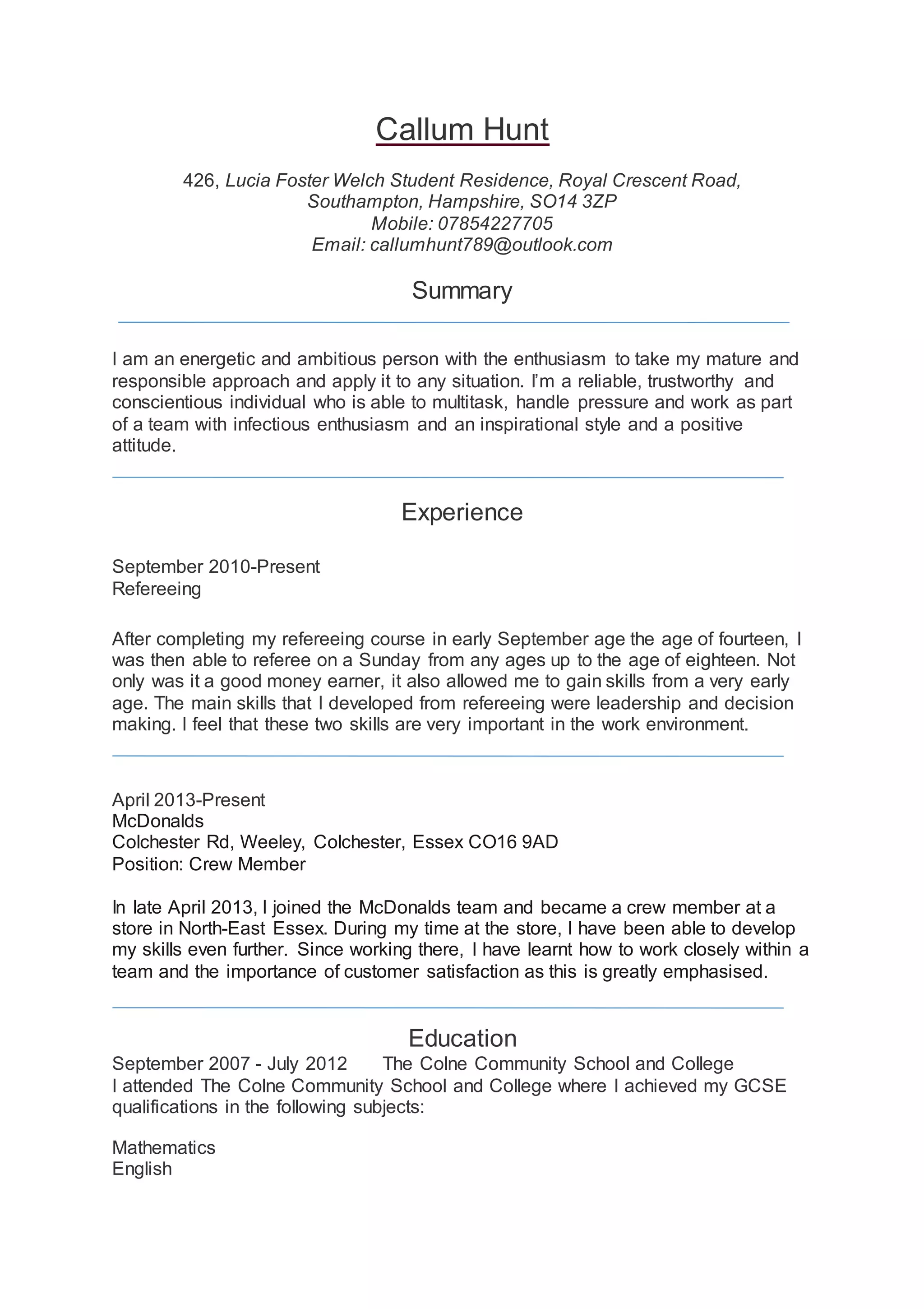 Callum Hunt cv | DOCX