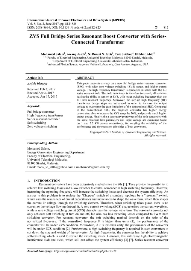 ZVS Full Bridge Series Resonant Boost Converter with Series-Connected Transformer | PDF