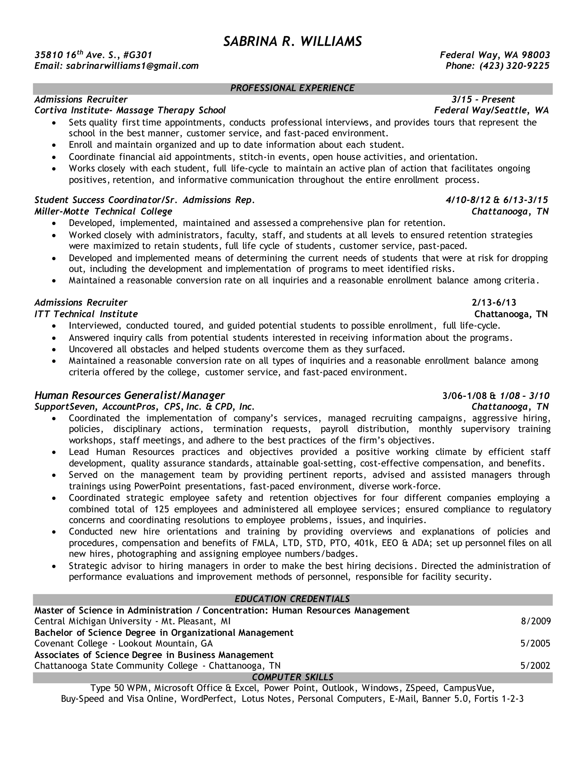 SABRINA R. WILLIAMS - - RESUME 2016 | DOCX | Human Resources | Business