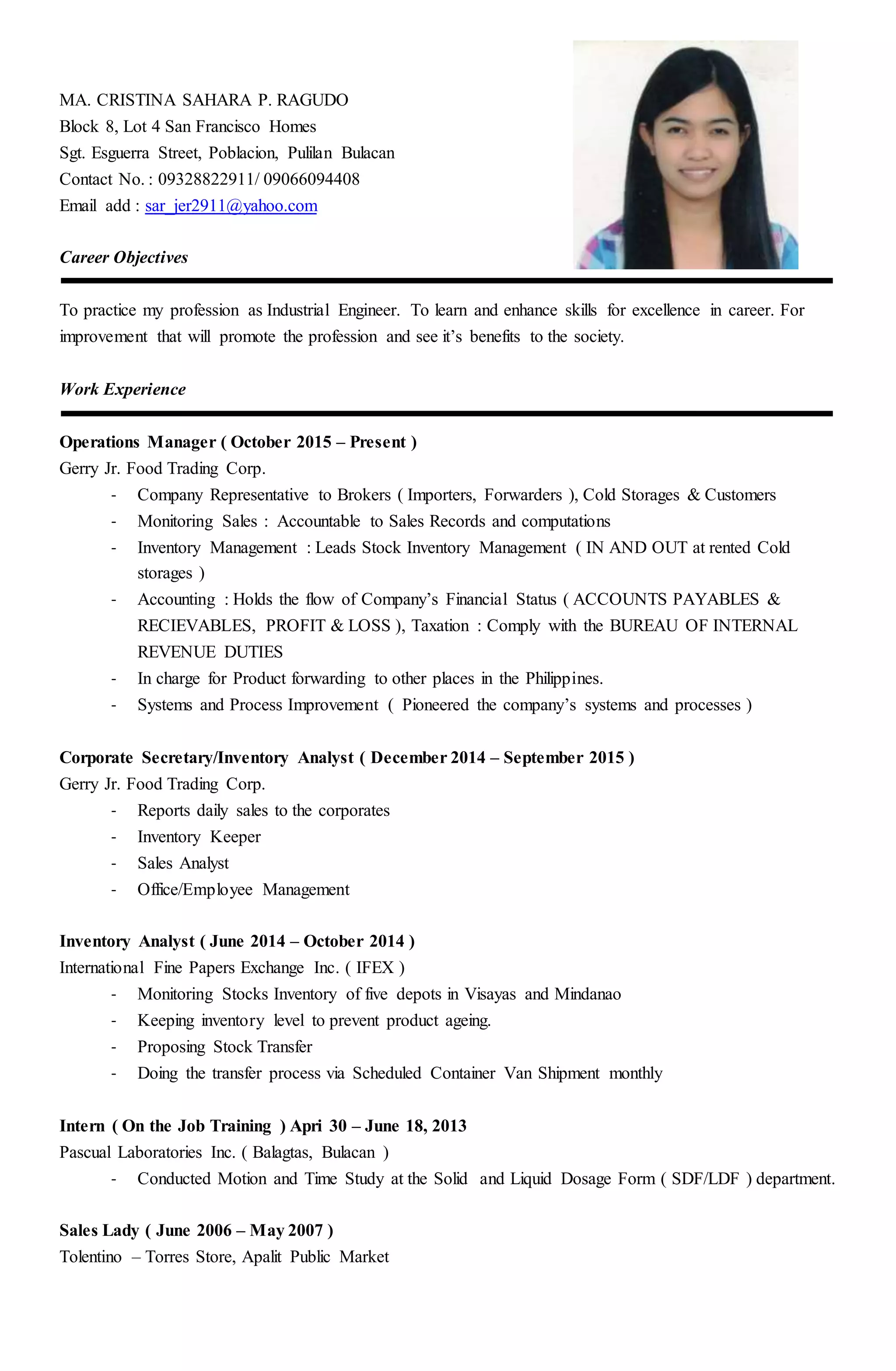 RESUME ( SAHARA RAGUDO ) | DOCX | Business Accounting & Finance | Business