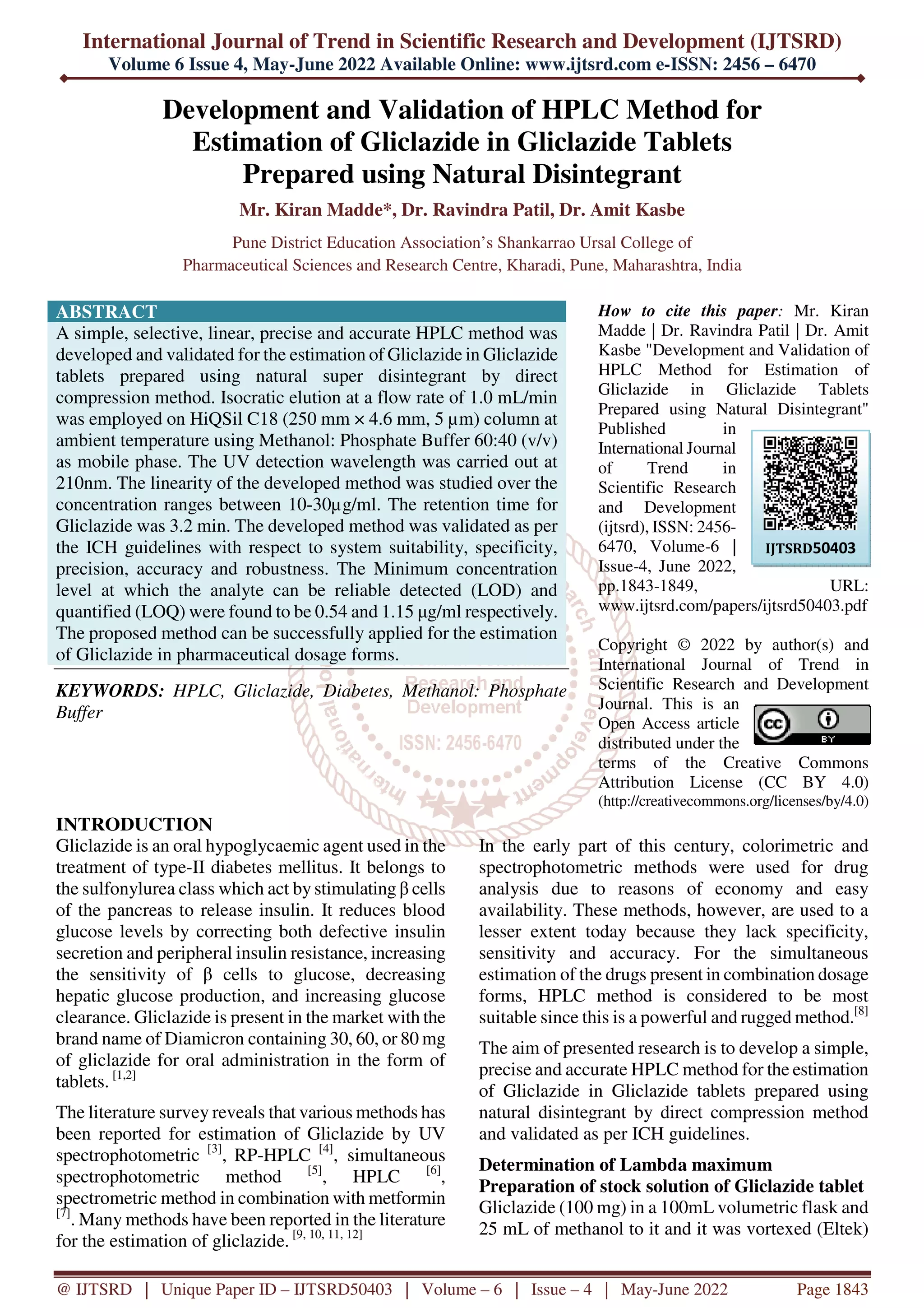 Development and Validation of HPLC Method for Estimation of Gliclazide in Gliclazide Tablets ...