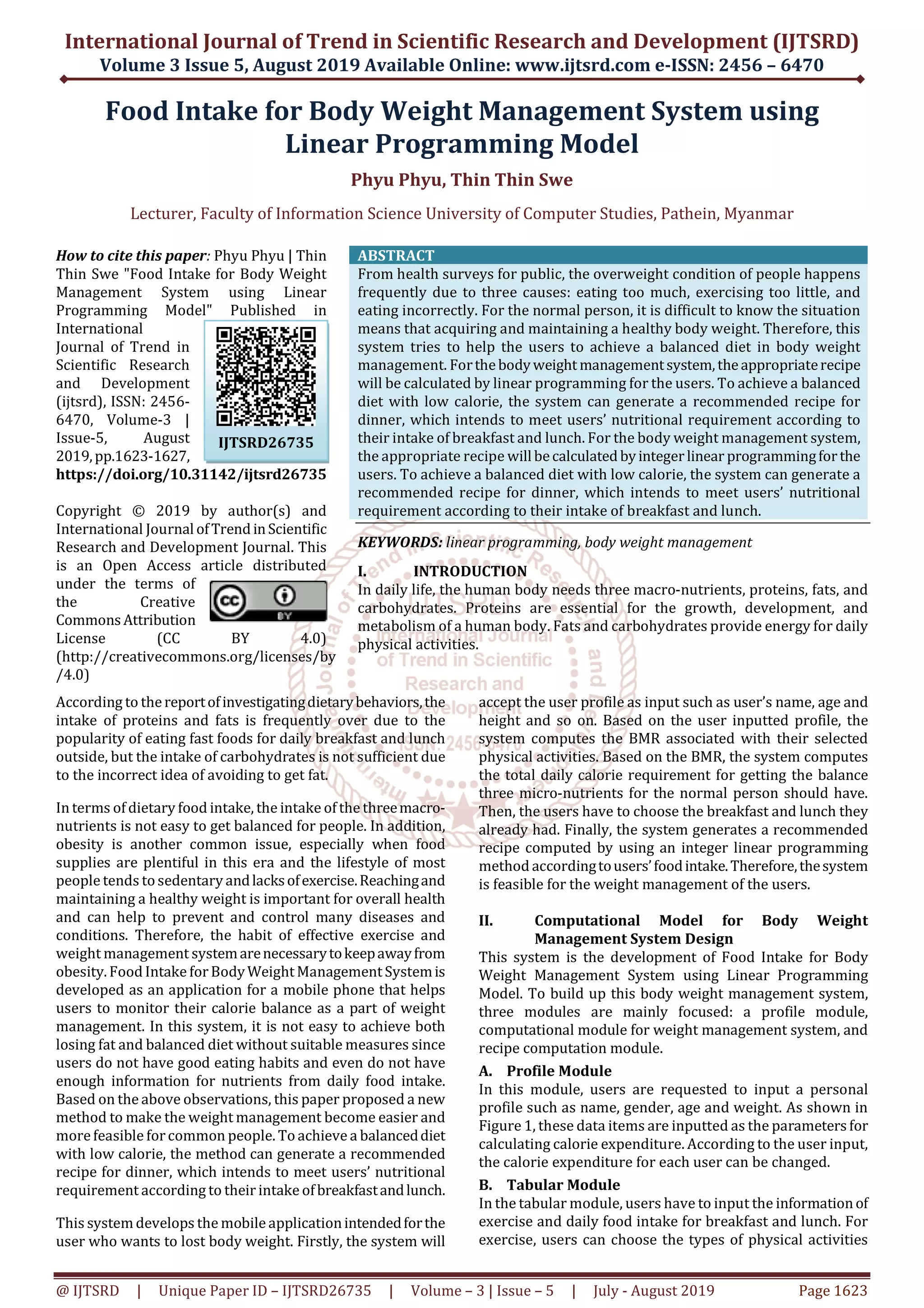 Food Intake for Body Weight Management System using Linear Programming ...