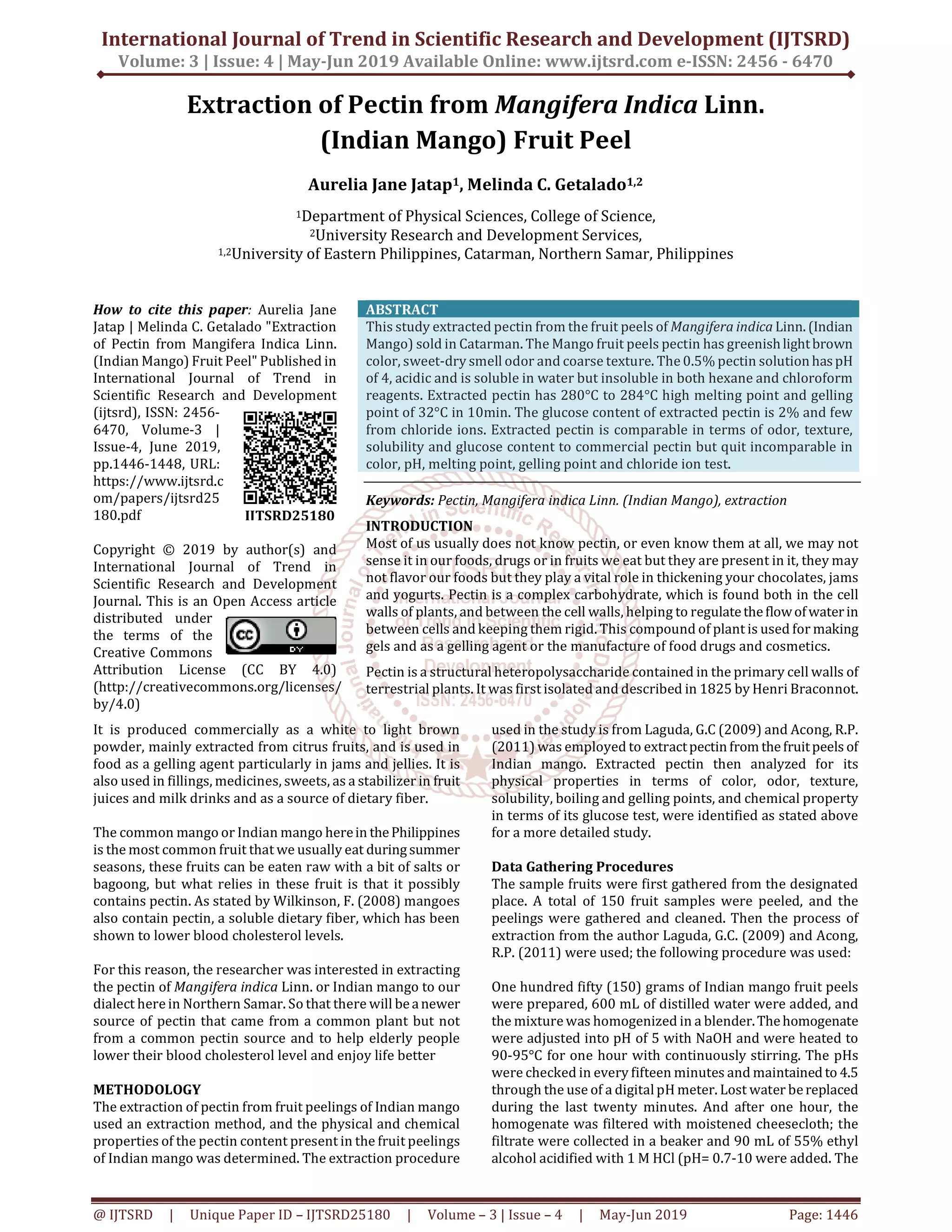 Extraction of Pectin from Mangifera Indica Linn. Indian Mango Fruit Peel | PDF