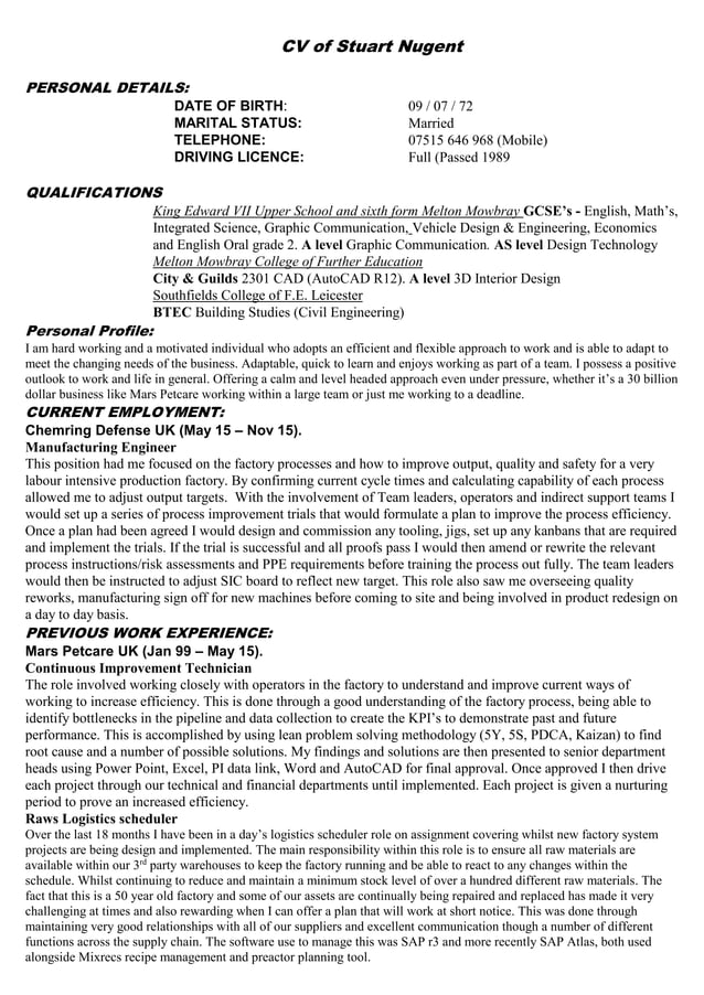 CV for Stuart Nugent Oct15 | PDF
