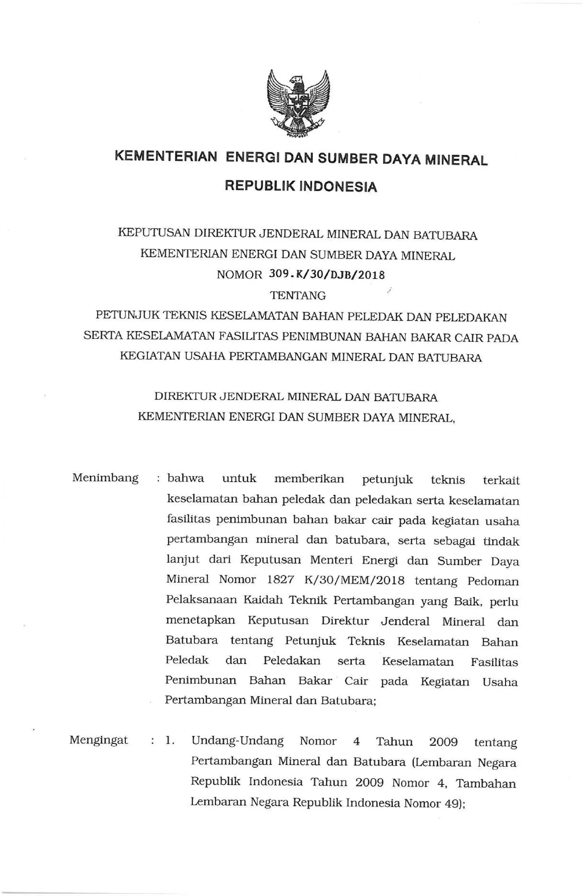 Keputusan Dirjen Minerba ESDM Nomor 309.K/30/DJB/2018 | PDF