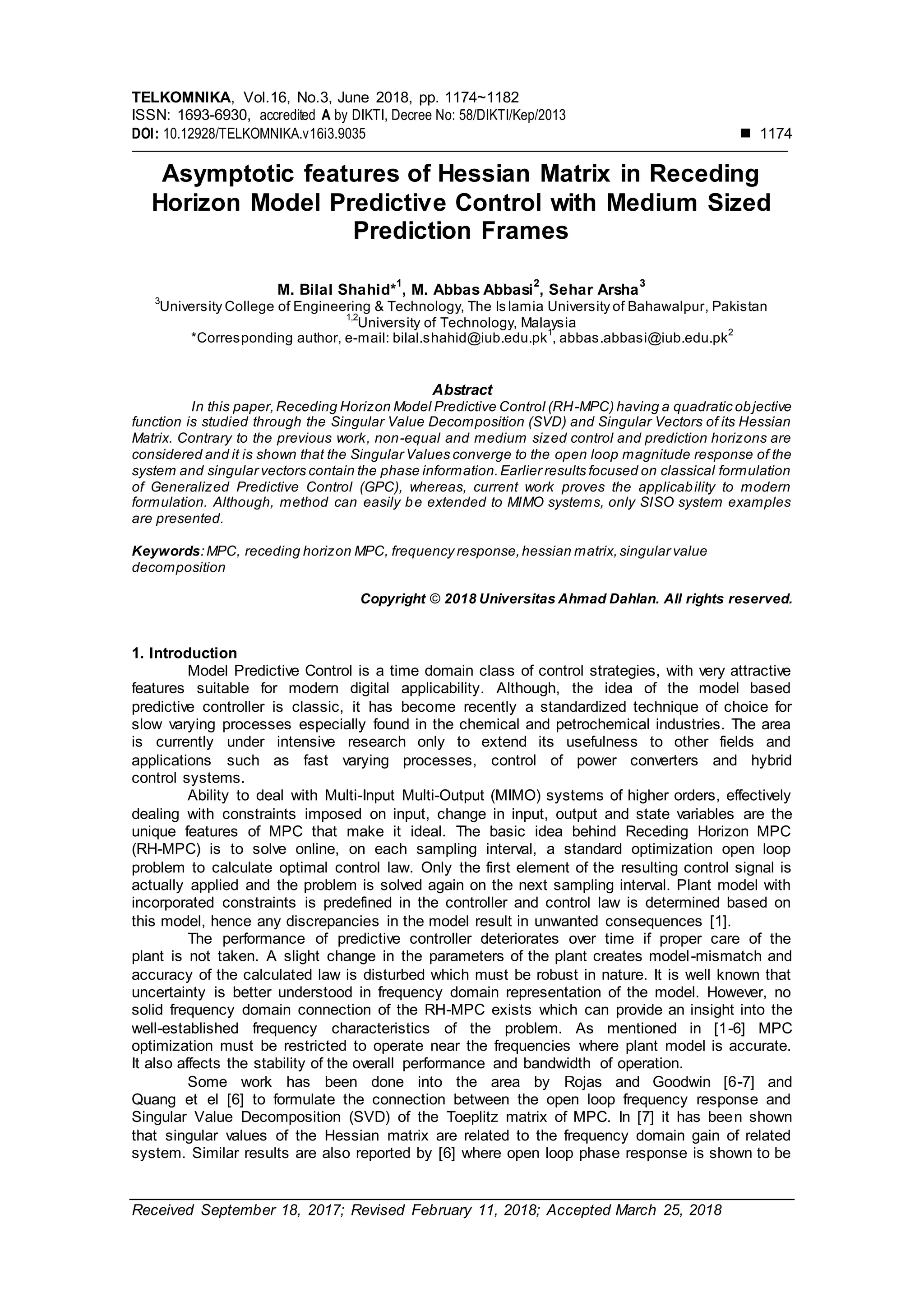 Asymptotic Features Of Hessian Matrix In Receding Horizon Model Predictive Control With Medium