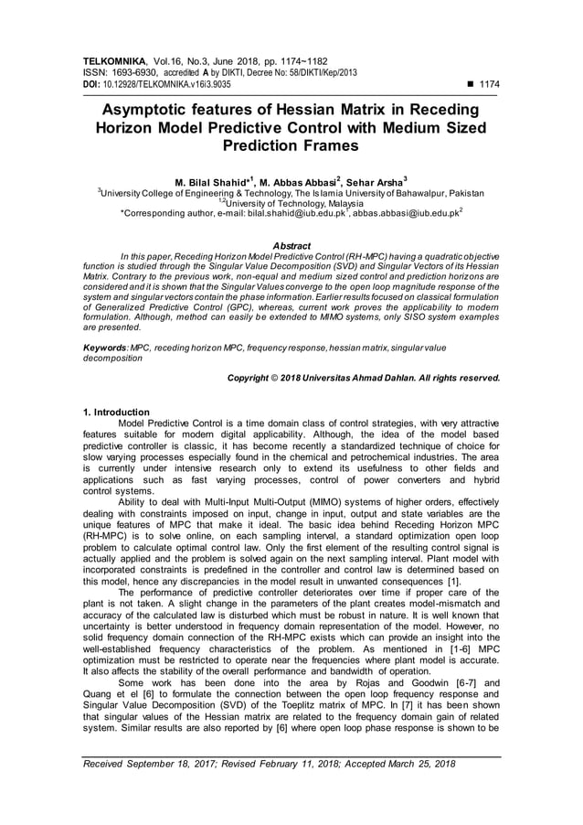Asymptotic features of Hessian Matrix in Receding Horizon Model Predictive Control with Medium ...