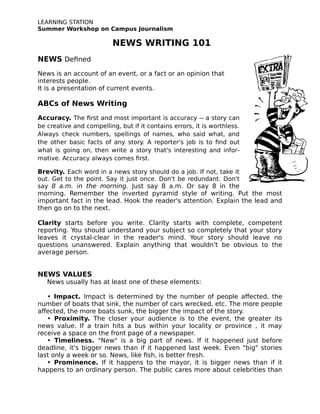 News Writing Topic for Journalism in School | PDF
