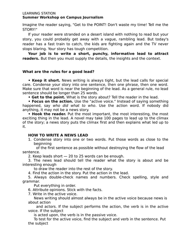 News Writing Topic for Journalism in School | PDF