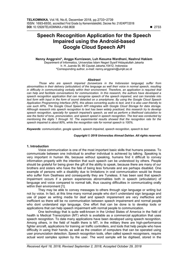 Speech Recognition Application for the Speech Impaired using the Android-based Google Cloud ...