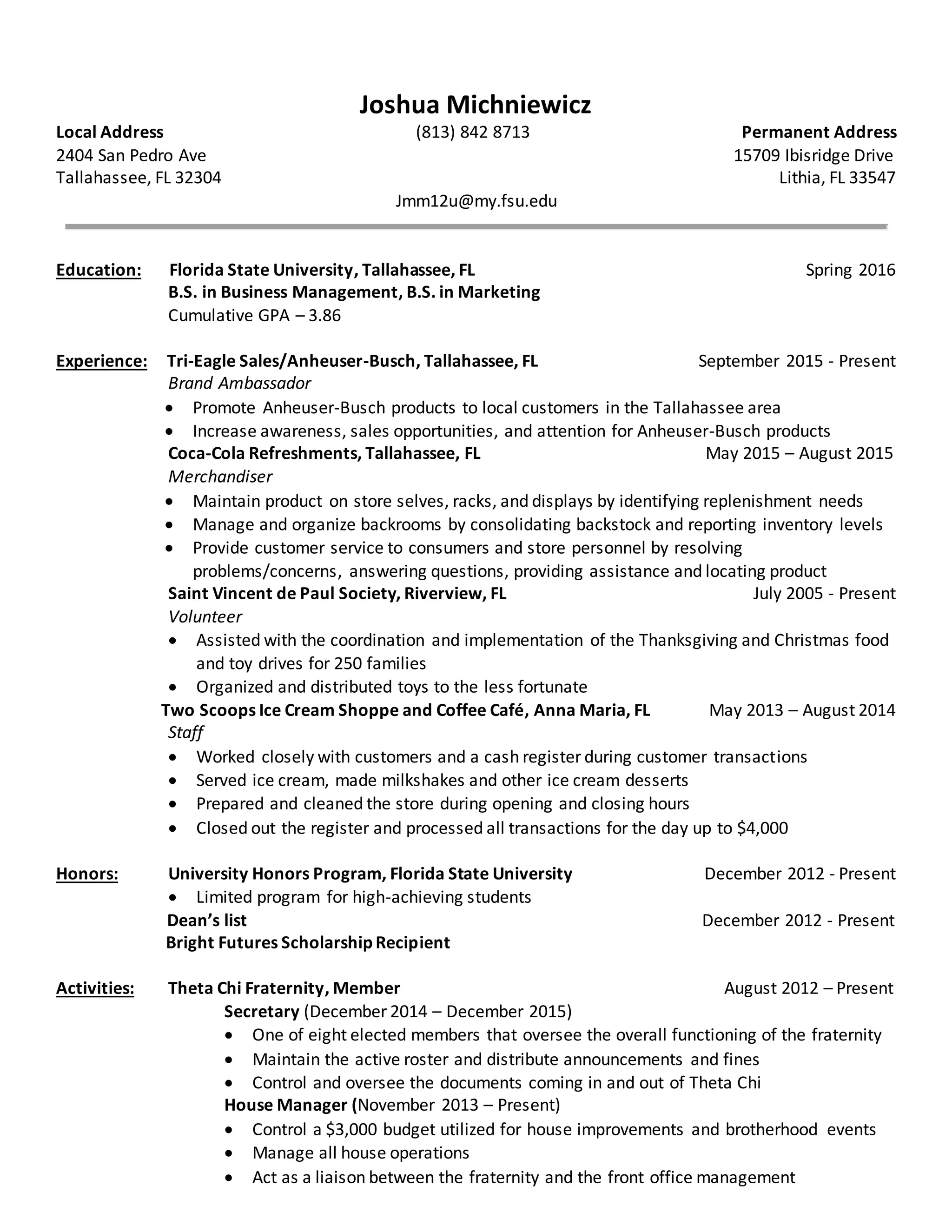 Joshua Michniewicz Resume Fall 2015 | DOCX