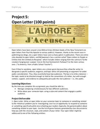 ENGL 309 Project 5 Assignment Sheet: Open Letter | DOCX