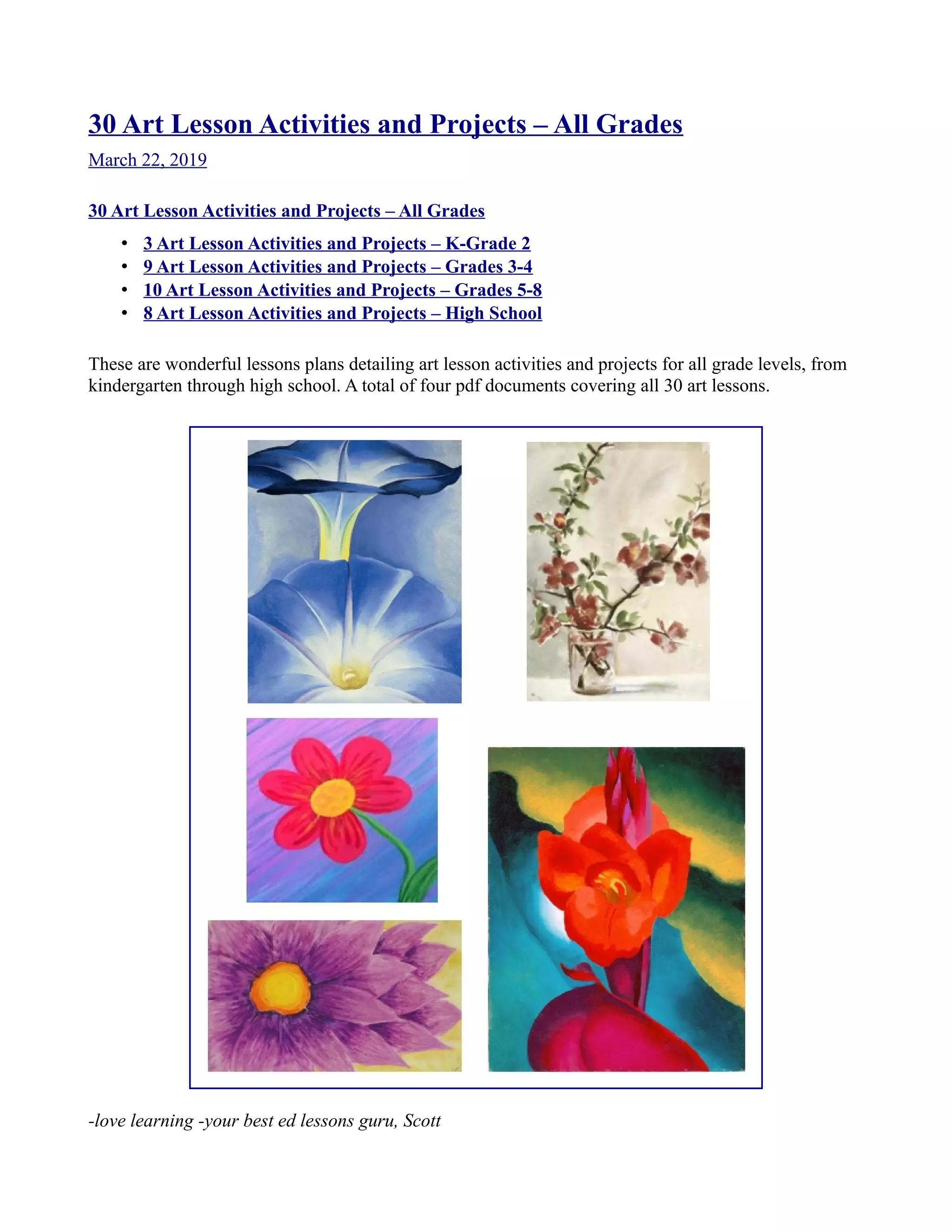 30 Art Lesson Activities and Projects – All Grades | PDF