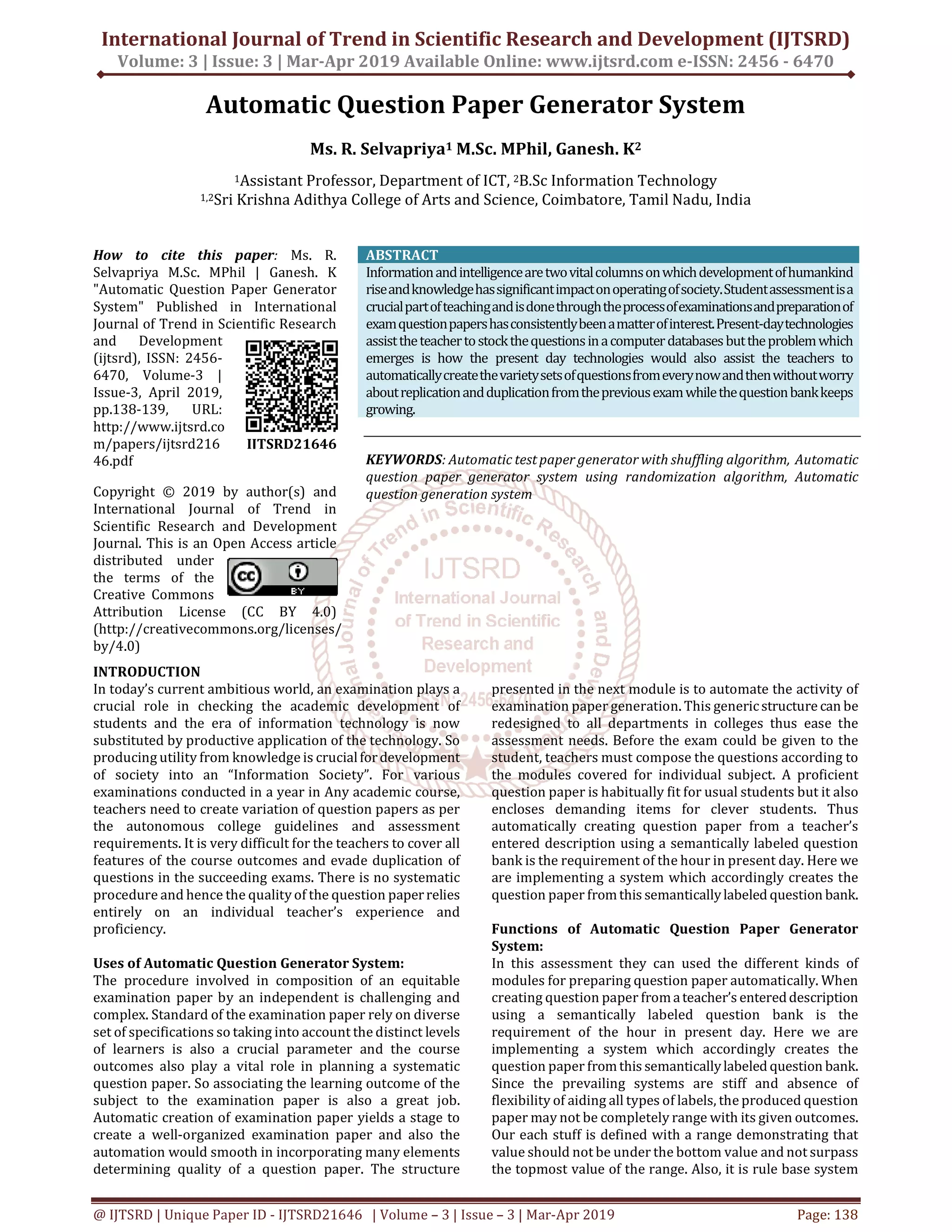 Automatic Question Paper Generator System Pdf