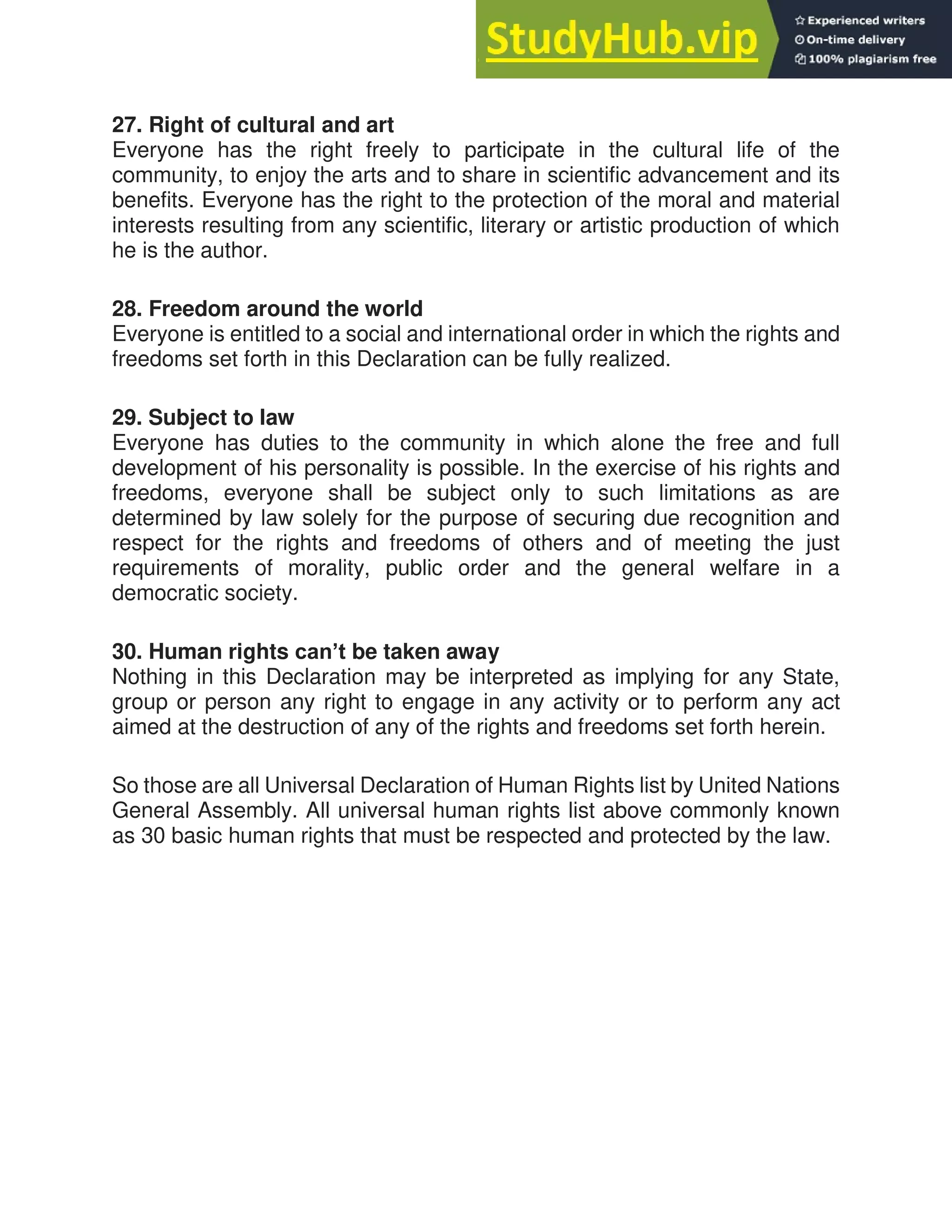 30 Basic Human Rights List Universal Declaration Of Human Rights | PDF